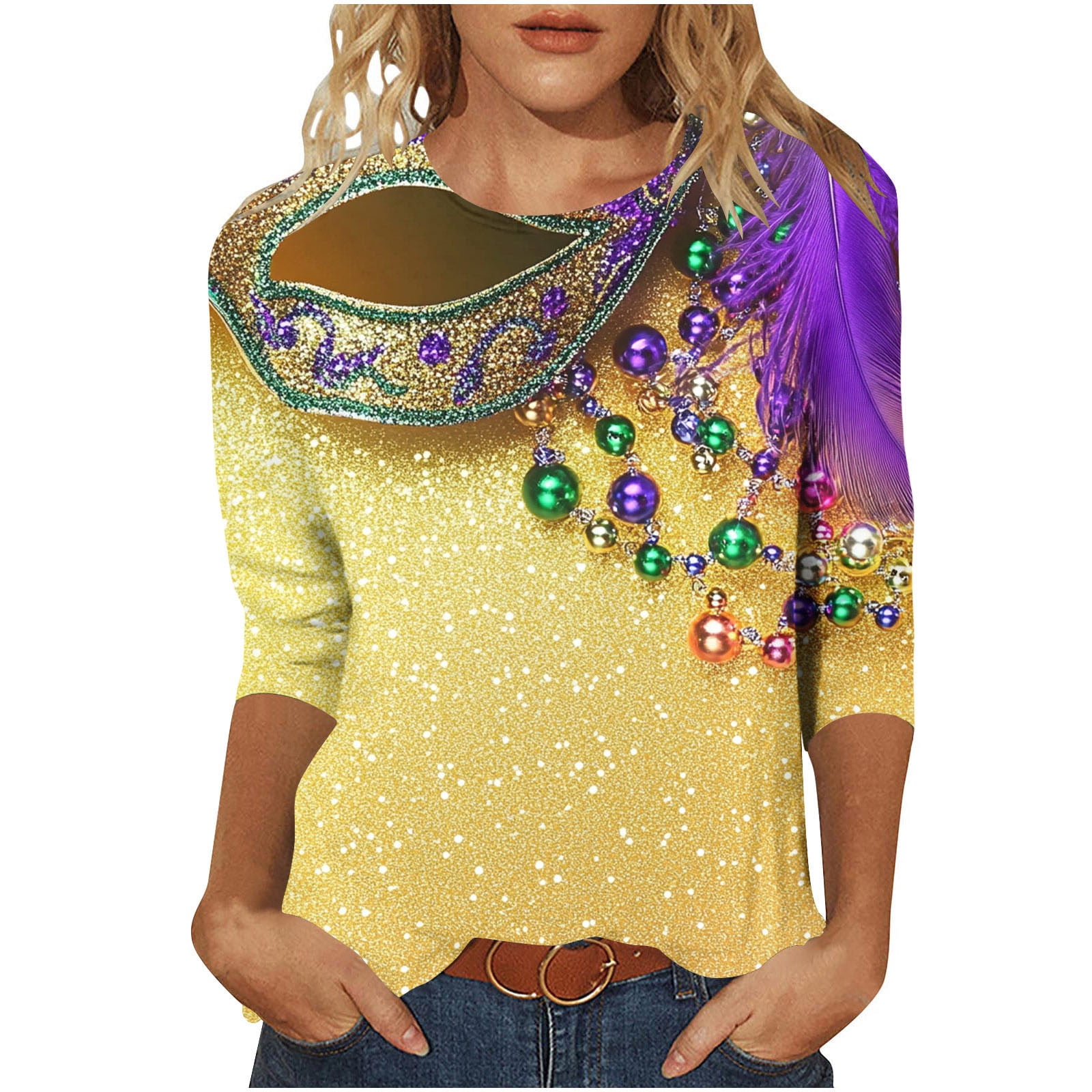Byworldtasic Women's Mardi Gras Fashion Printing Casual Round-Neck 3/4 ...