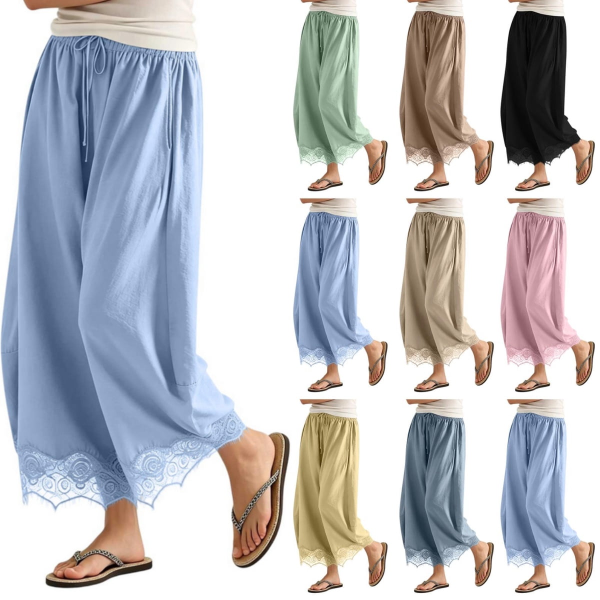 Byworldtasic Women's Pants Cropped Lace-Hem Pants High Waisted ...
