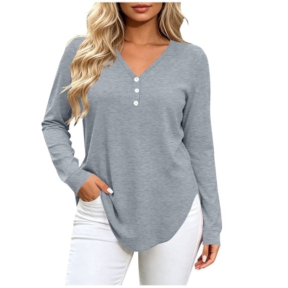 Byworldtasic Women's Plus Size Top V Neck Shirt Long Sleeve Button ...