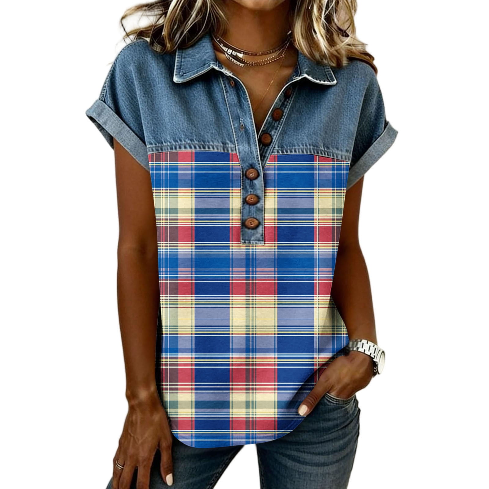 Byworldtasic Women's Plus Size Vintage Tees Plaid Shirt Denim Print ...