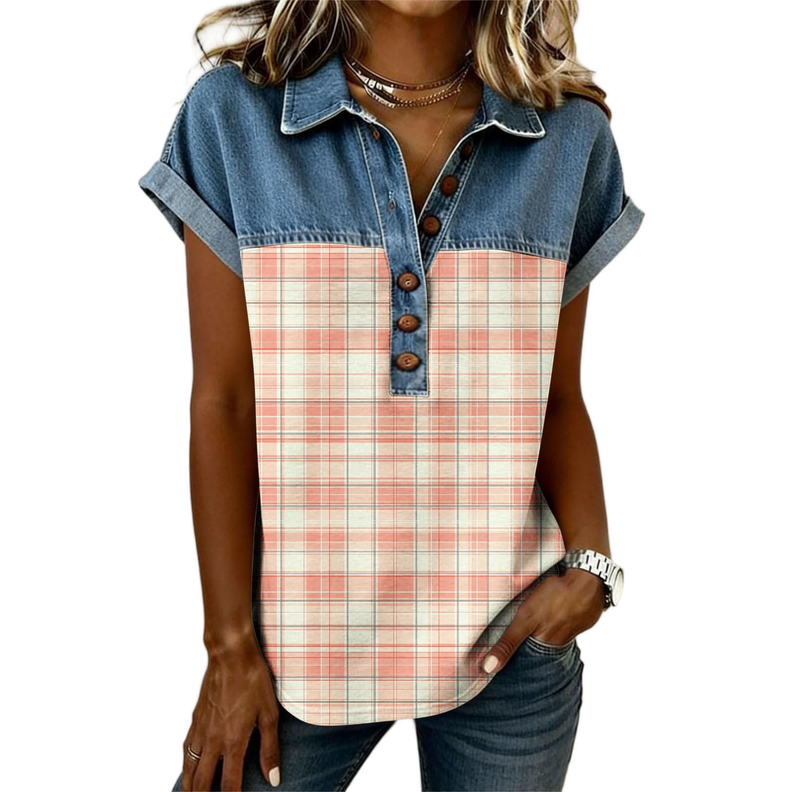 Byworldtasic Women's Plus Size Vintage Tees Plaid Shirt Denim Print ...