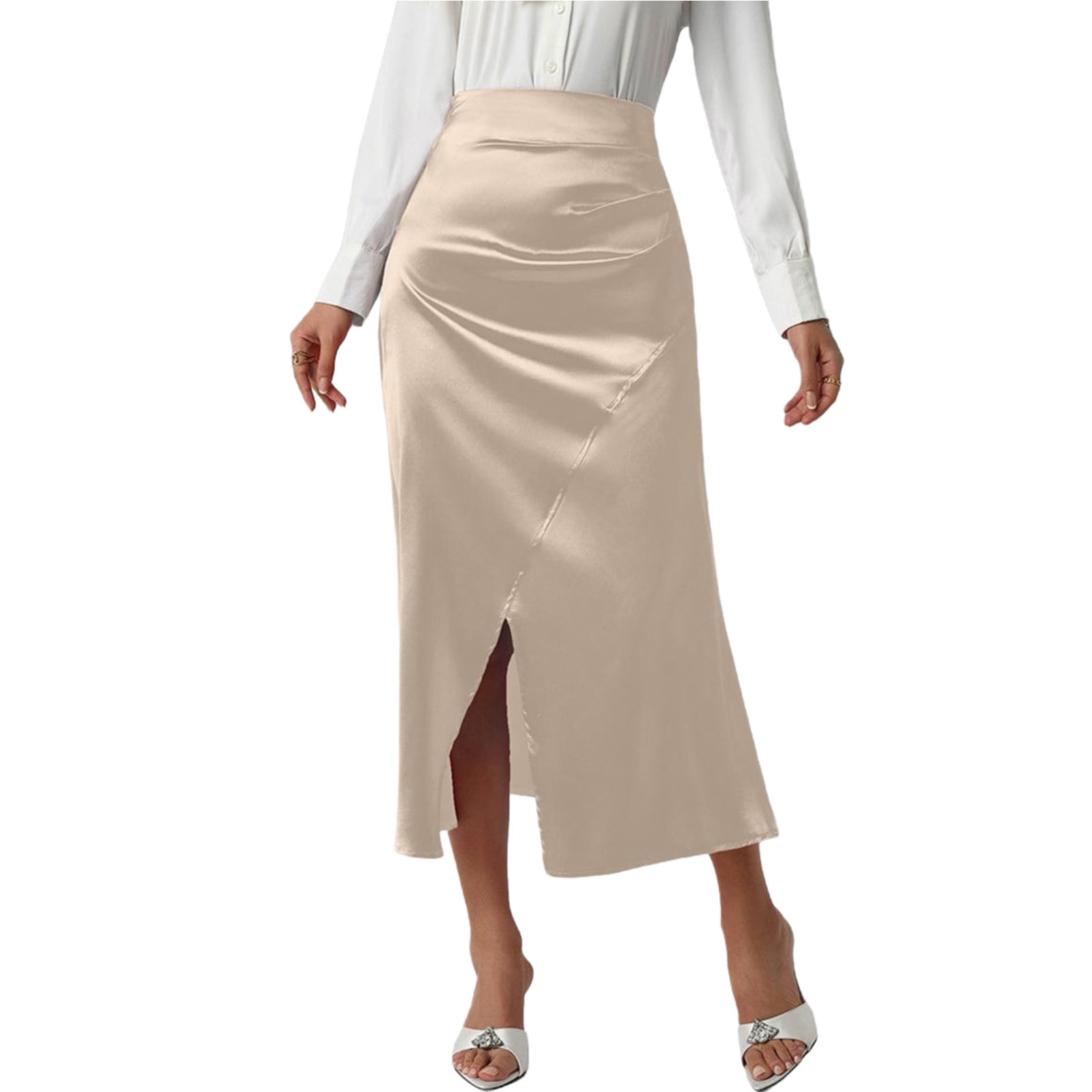 Byworldtasic Women's Satin High Waisted Split Maxi Skirt Elastic ...