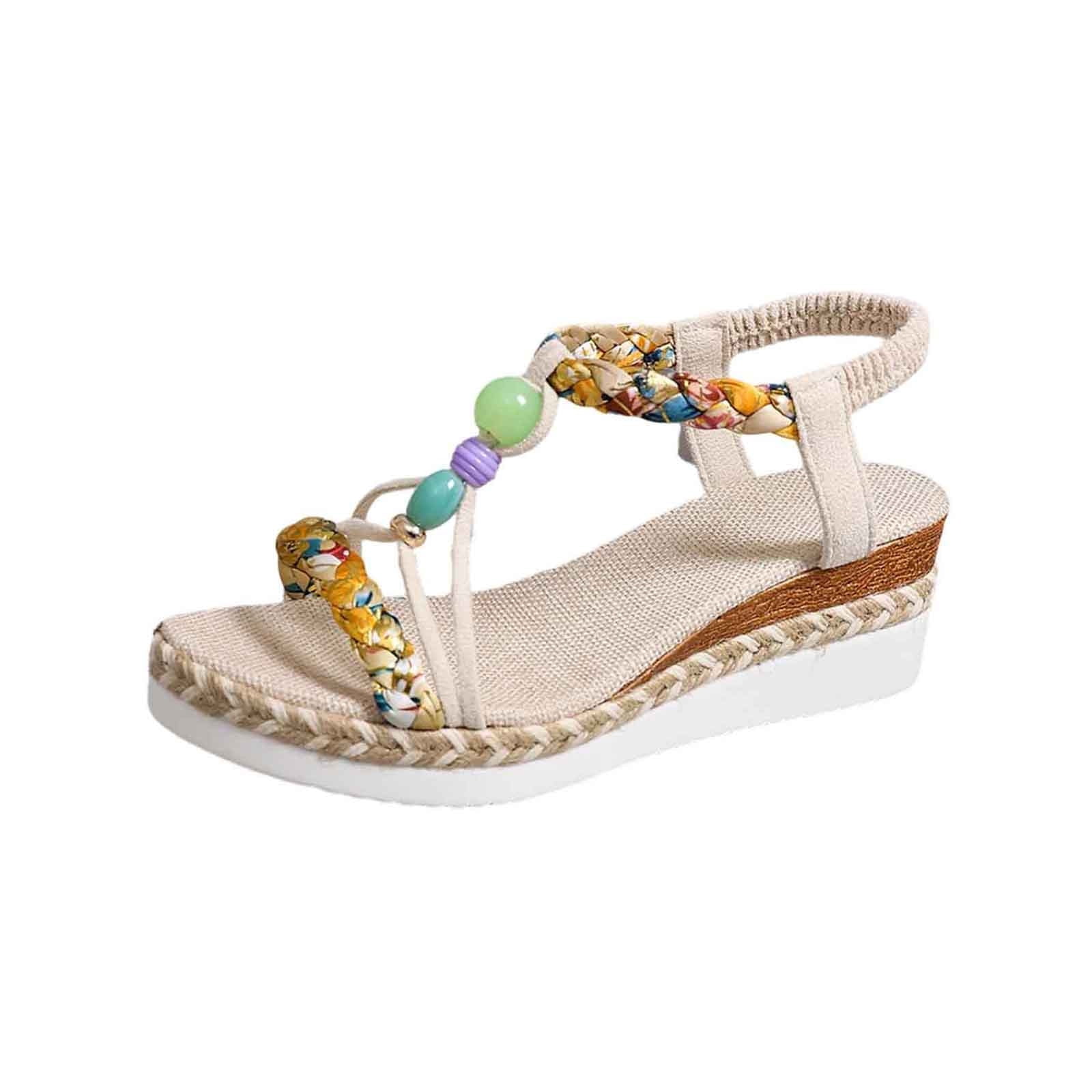 Byworldtasic Women's Shoes Bohemian Wedge Sandals Braided Elastic Ankle ...