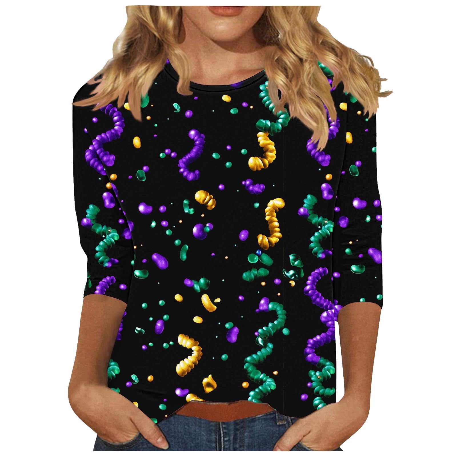 Byworldtasic Womens 3/4 Sleeve Tops Plus Size Mardi Gras Costumes ...