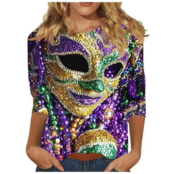 Byworldtasic Womens 3/4 Sleeve Tops Plus Size Mardi Gras Costumes ...