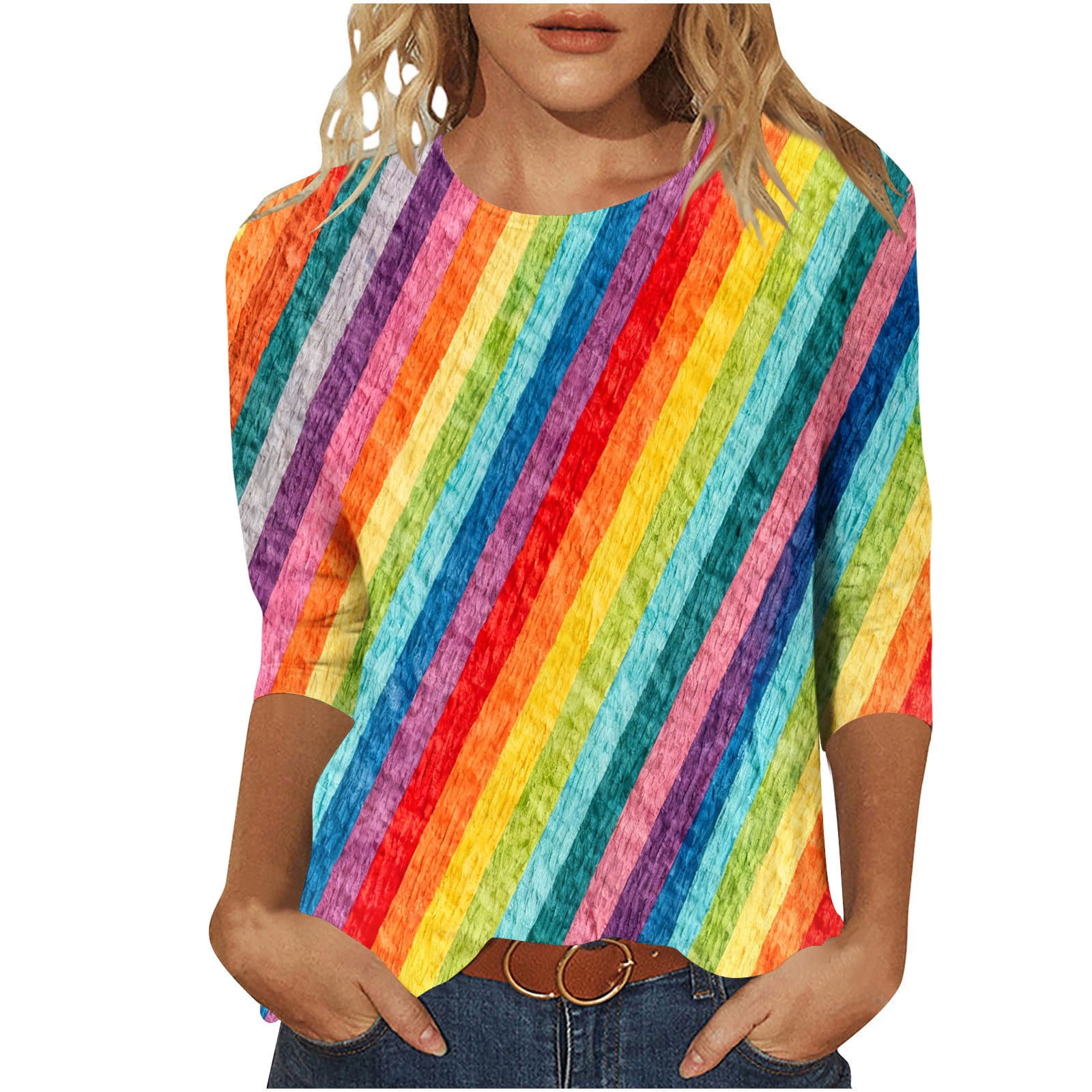 Byworldtasic Womens Casual 3/4 Sleeve Shirts Round Neck Tops Fashion ...