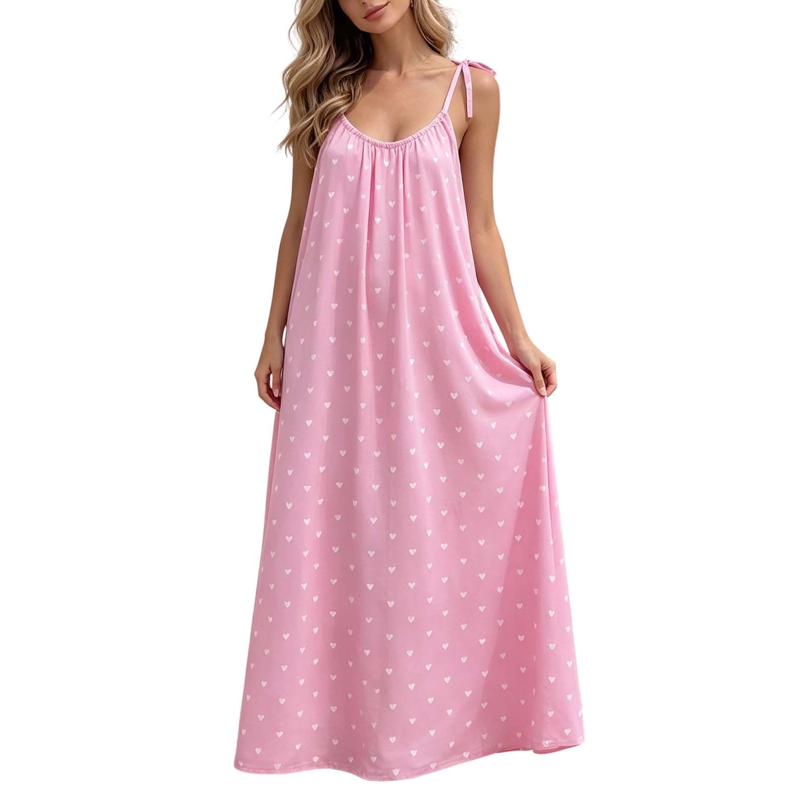 Byworldtasic Womens Casual V-Neck Maxi Dress Heart Print Spaghetti ...