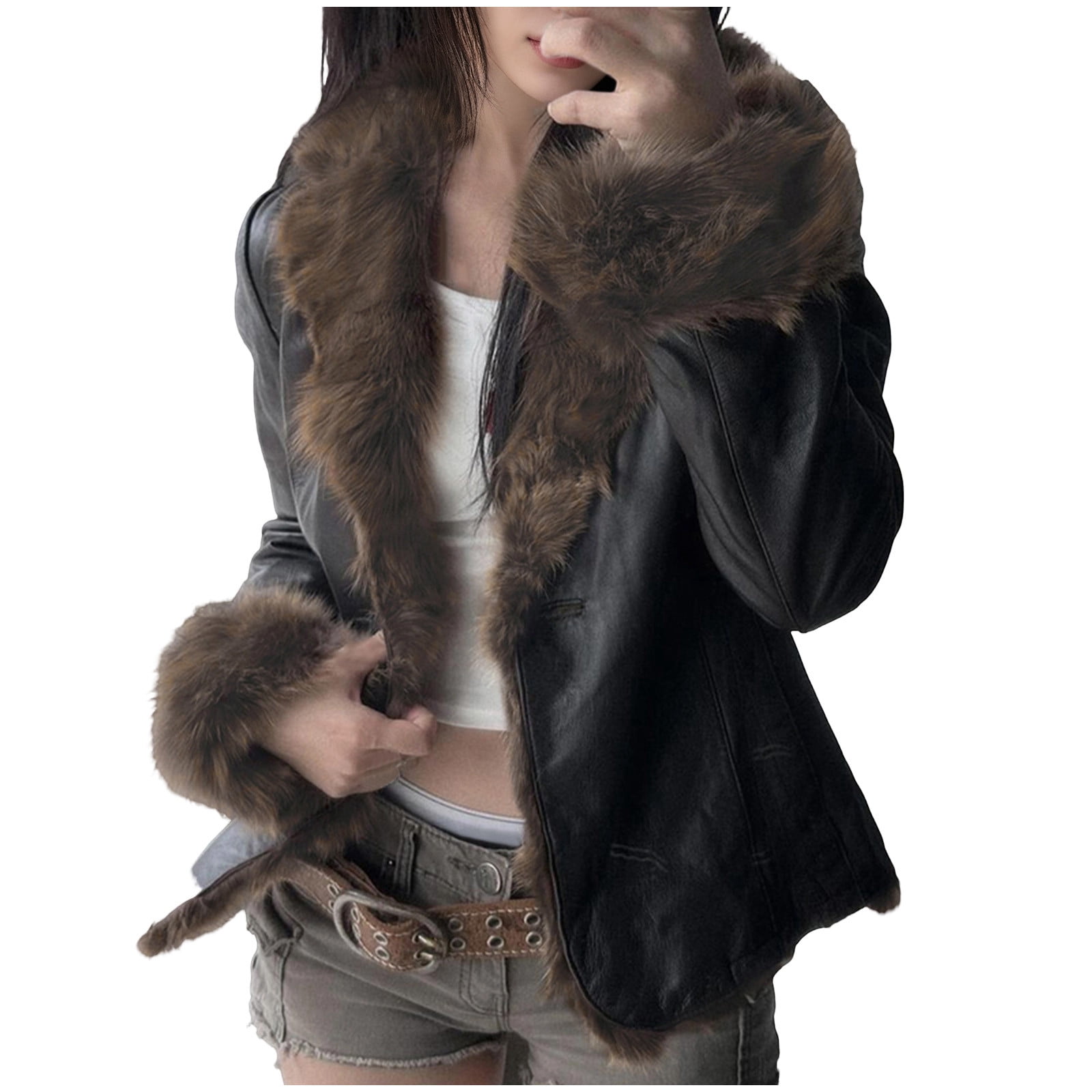 Byworldtasic Womens Leather Jacket Zipper Fashion Vintage Furry Paneled ...