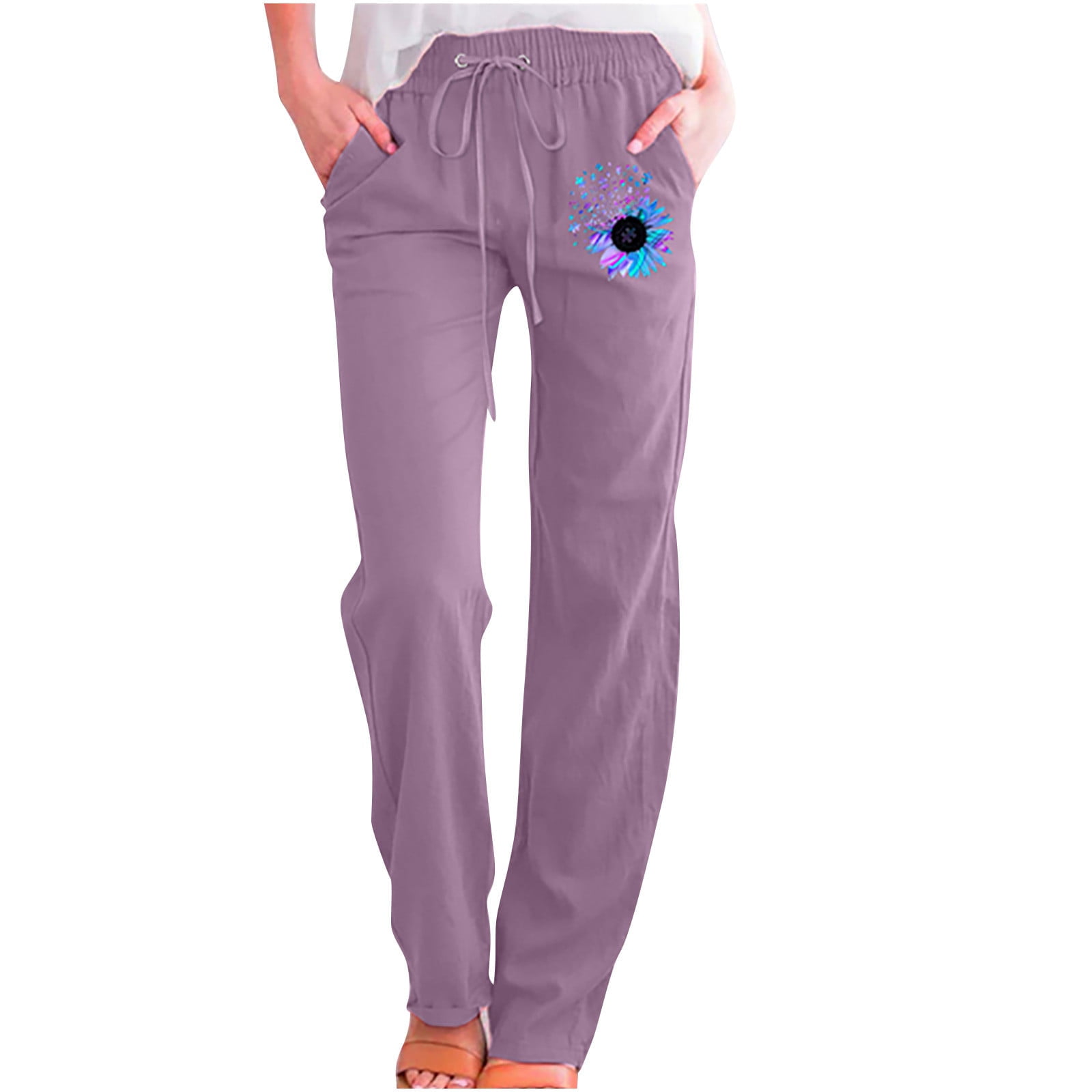 Byworldtasic Womens Pants Plus Size Linen Floral Print Pants for Women ...