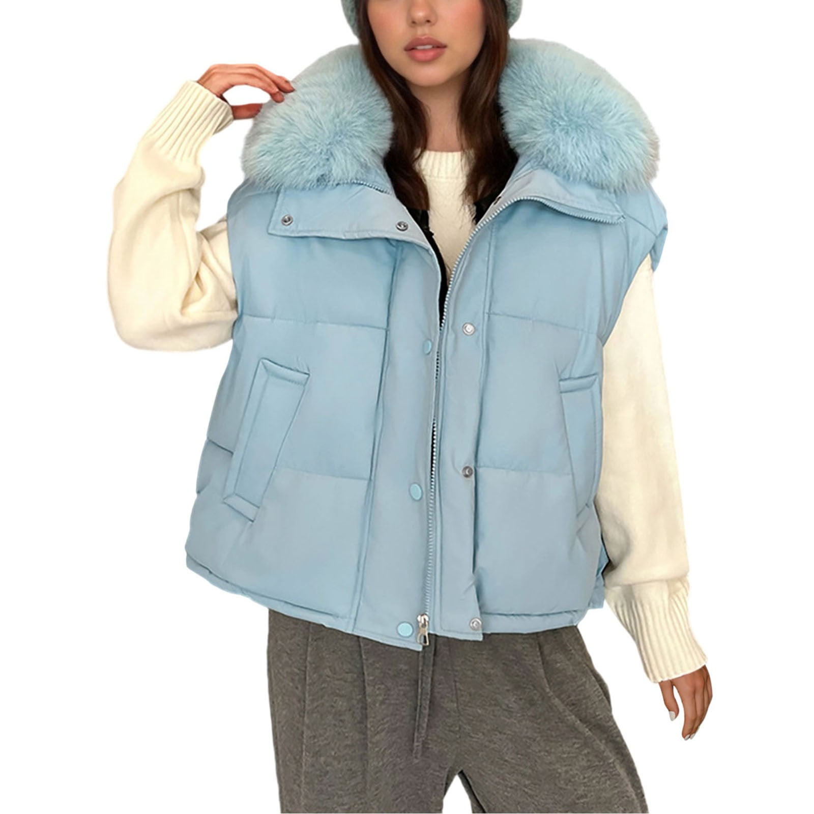 Byworldtasic Womens Puffy Neck Vests Womens Oversized Puffer Vest Stand ...