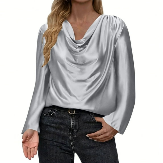 Byworldtasic Womens Satin Blouse Cowl Neck Draped Silky Long Sleeve ...