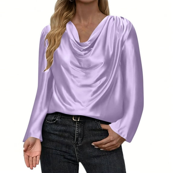 Byworldtasic Womens Satin Blouse Cowl Neck Draped Silky Long Sleeve ...