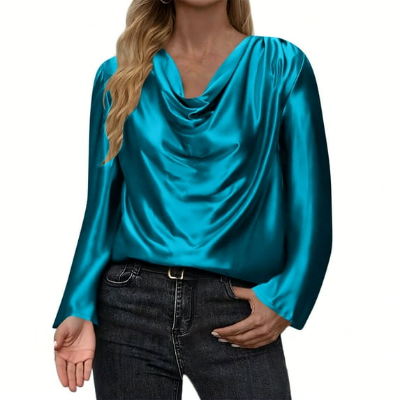 Byworldtasic Womens Satin Blouse Cowl Neck Draped Silky Long Sleeve ...