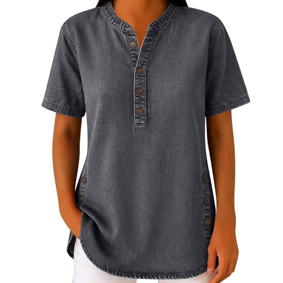 Byworldtasic Womens Short Sleeve Henley Jeans Tops Summer Blouses 2026 ...