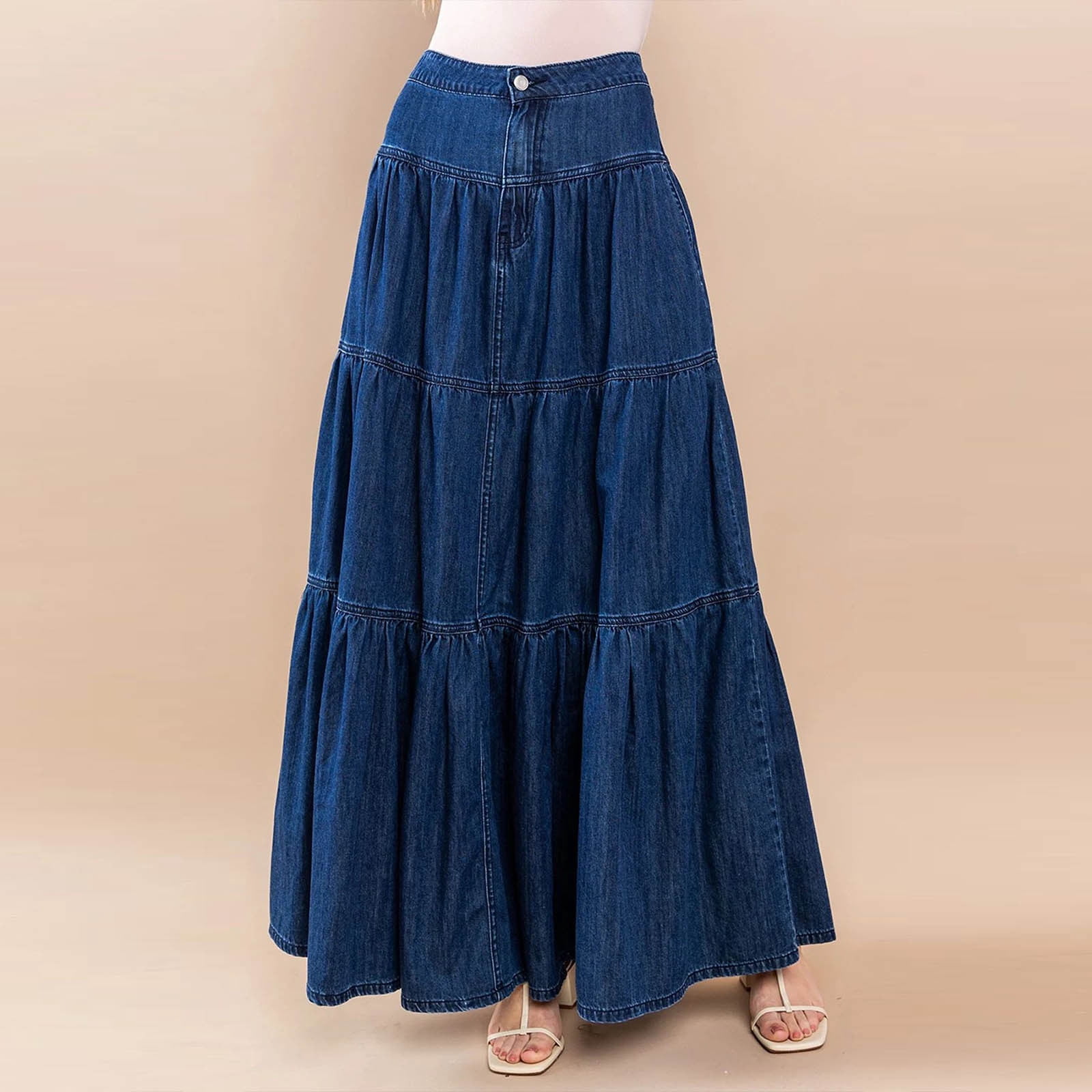 Byworldtasic Womens Skirts Womens Jean Long Skirts Tiered Denim High ...