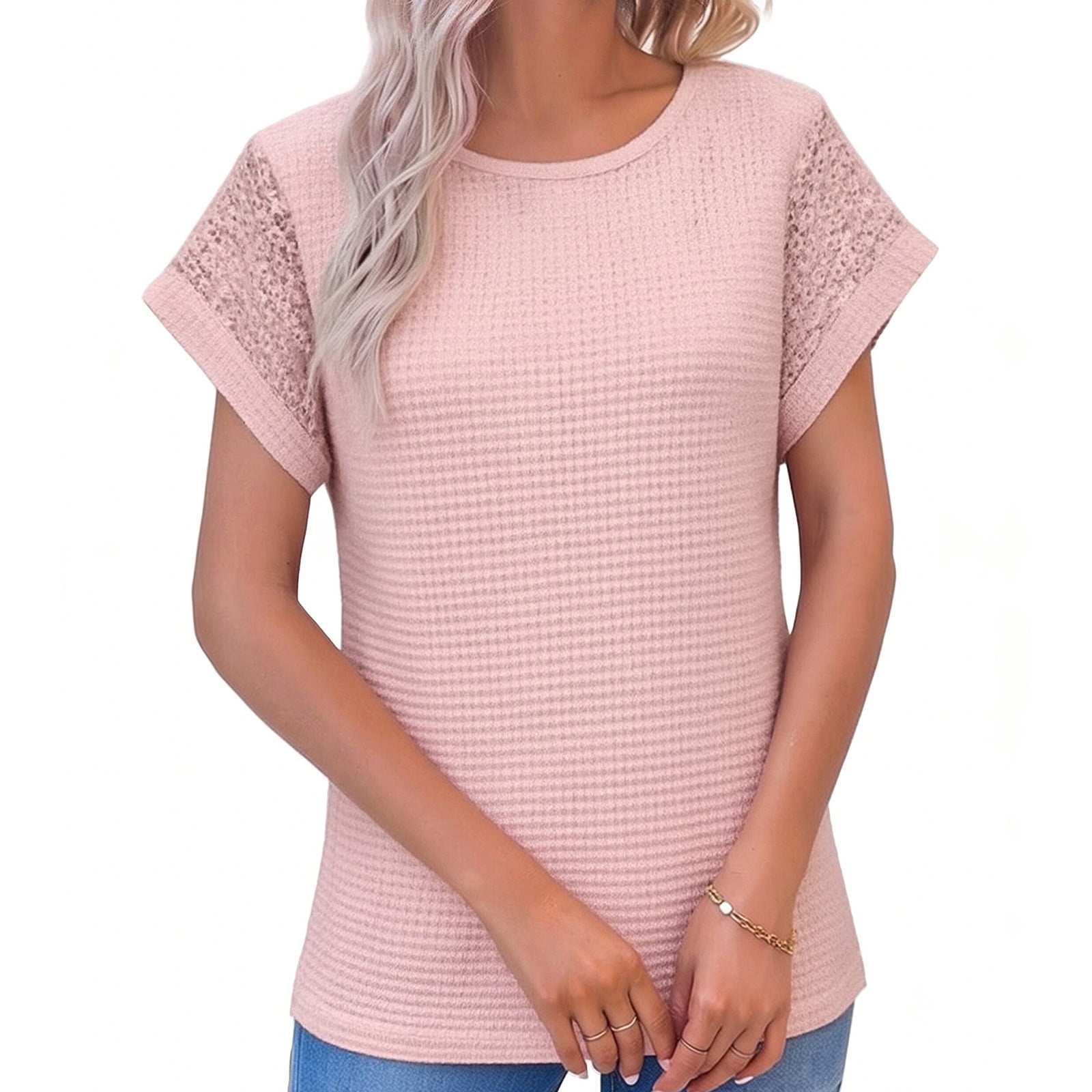 Byworldtasic Womens Summer Tops 2026 Waffle Knit Lace Short Sleeve T ...