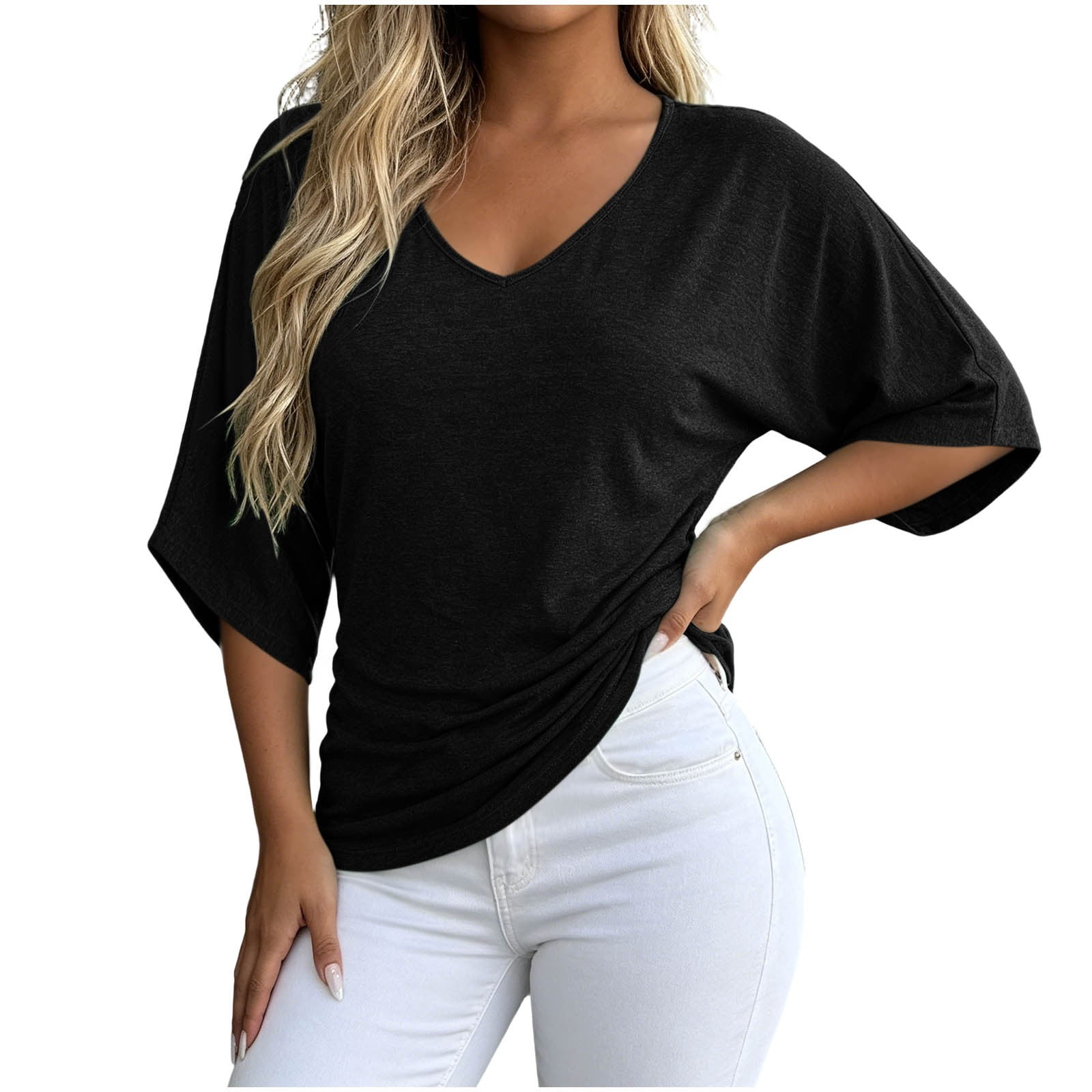 Byworldtasic Womens Tops Summer Dressy Casual V Neck 3/4 Batwing Sleeve ...