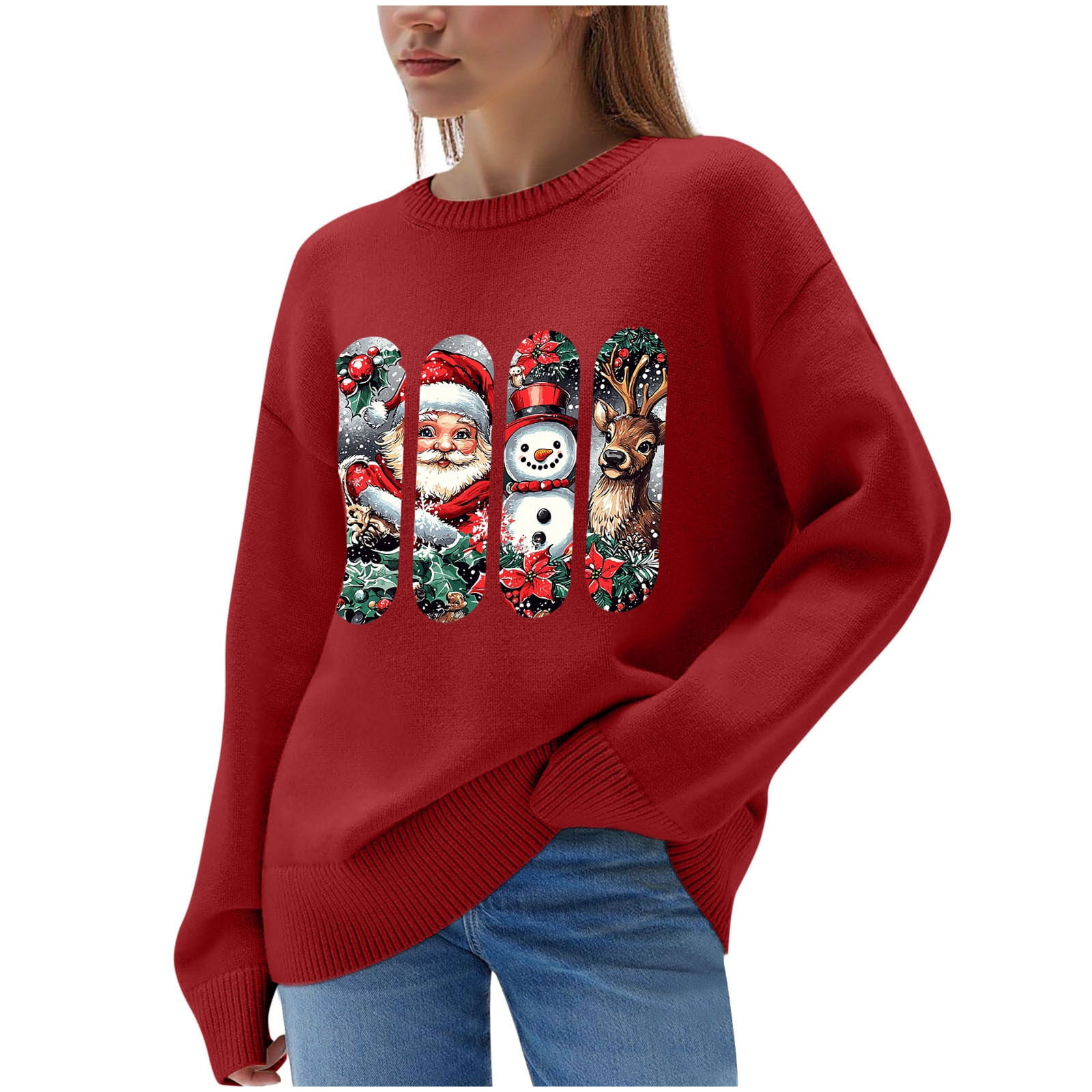 Bzhegqhd Christmas Graphic Knit Sweater for Women Long Sleeve T-shirts ...
