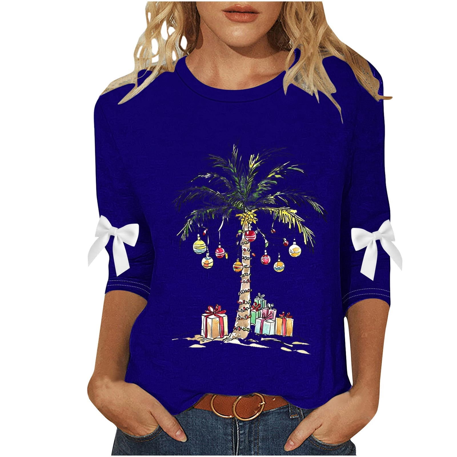 Bzhegqhd Christmas Tops for Women Holiday Bow Knot 3/4 Sleeve T-Shirt ...