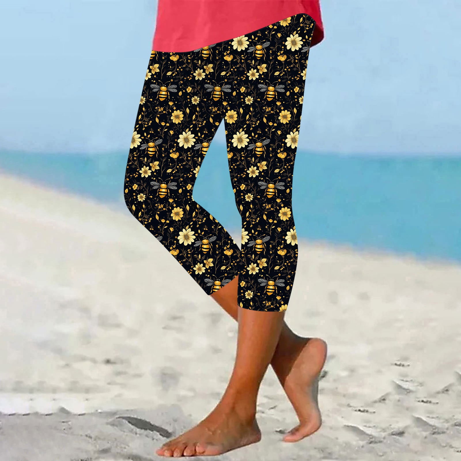 Bzhegqhd Ladies' Bee Day Printed Leggings Yoga Casual Cropped Pants ...