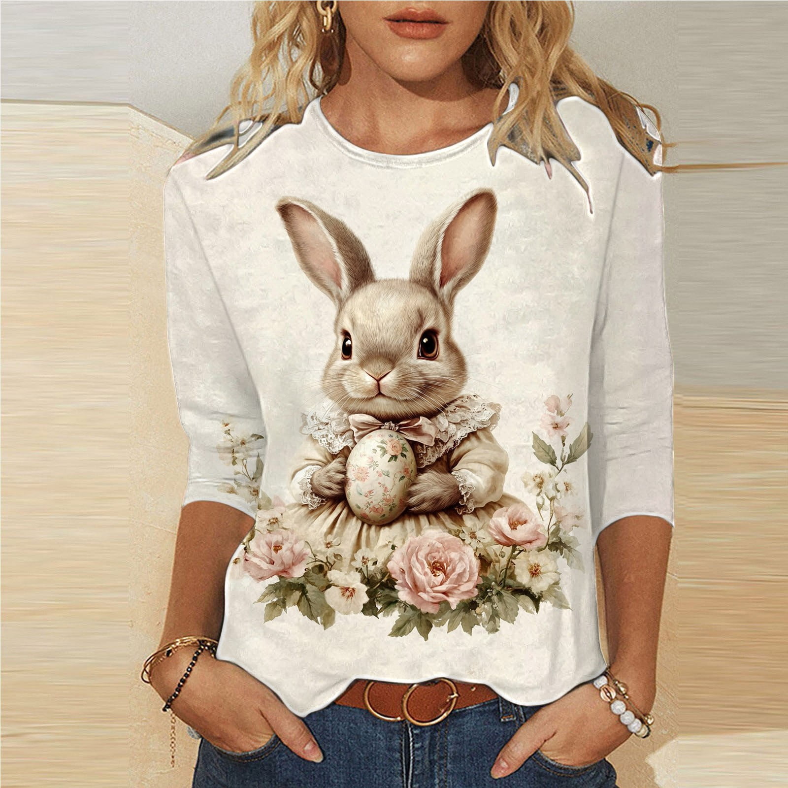 Bzhegqhd Ladies' Easter Day Printed Round Neck Three Quarter Sleeve 3/4 ...