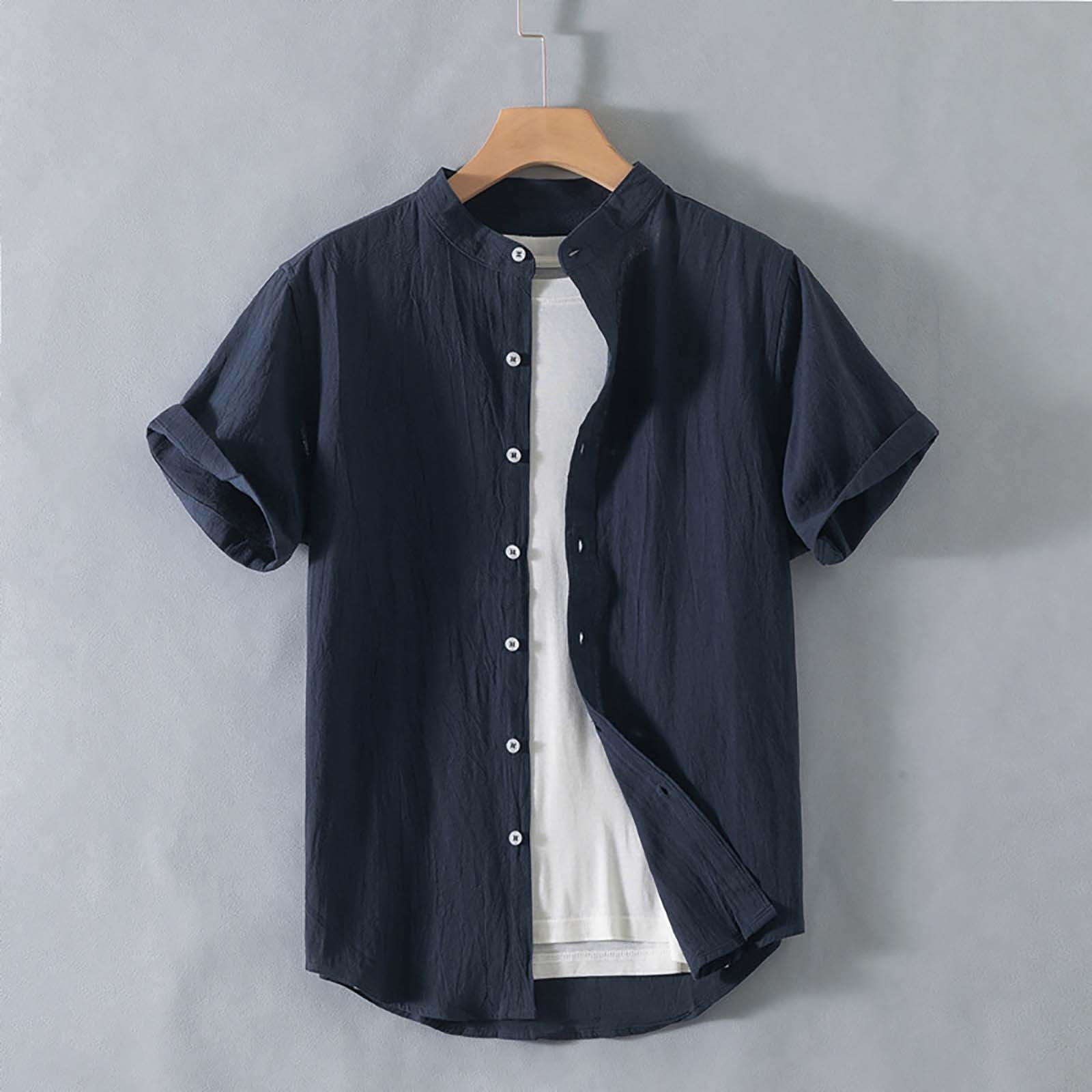 Bzhegqhd Man Europe and America Shirt Short Sleeve Stand Collar Open ...