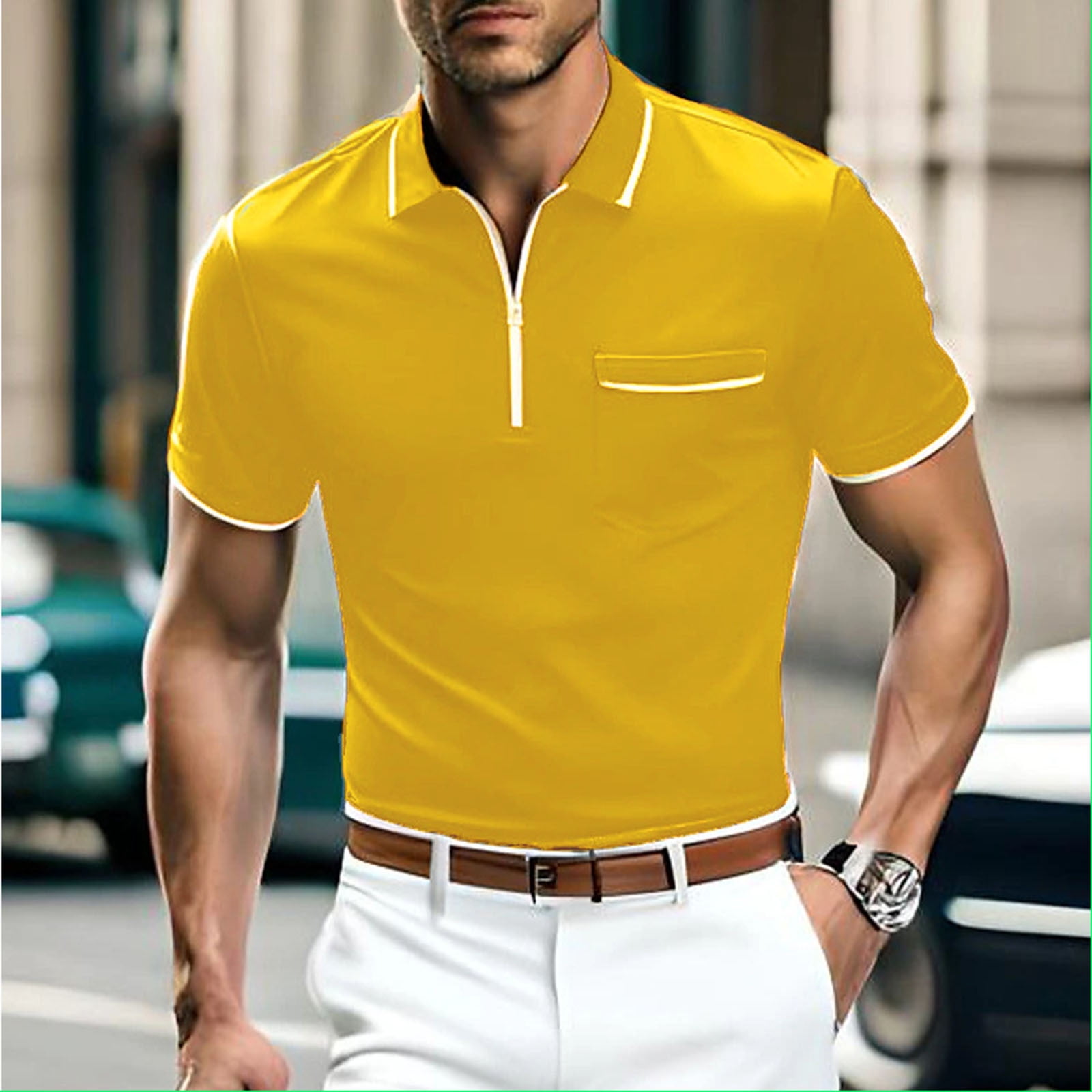 Bzhegqhd Man Streak Lapel Short Sleeve Pol Shirt Fallow Color Contrast ...