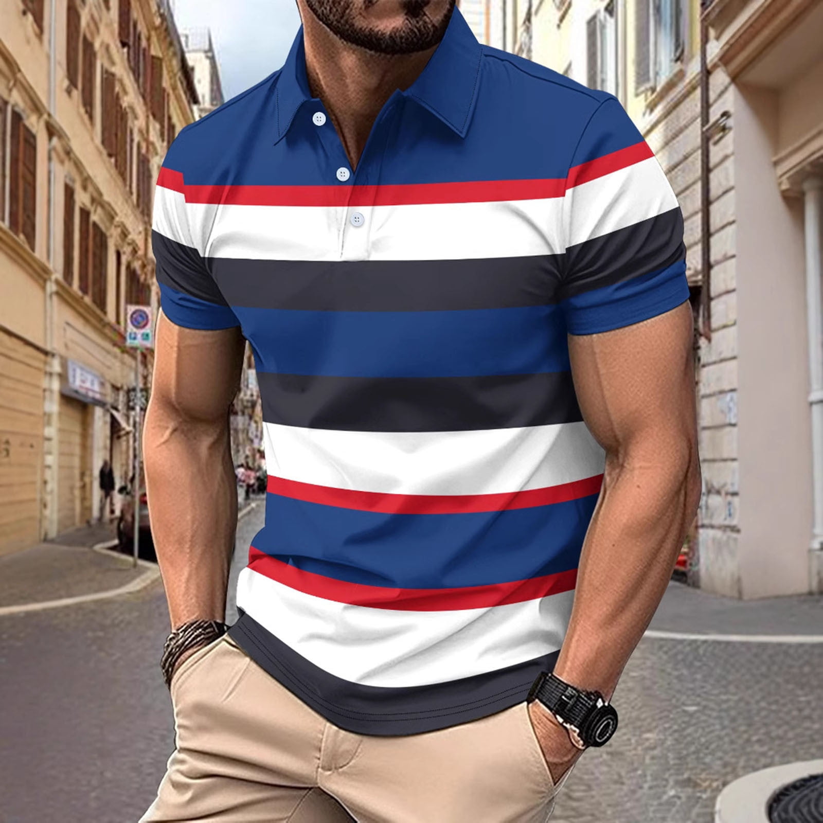 Bzhegqhd Man Streak Lapel Short Sleeve Pol Shirt Fallow Color Contrast ...