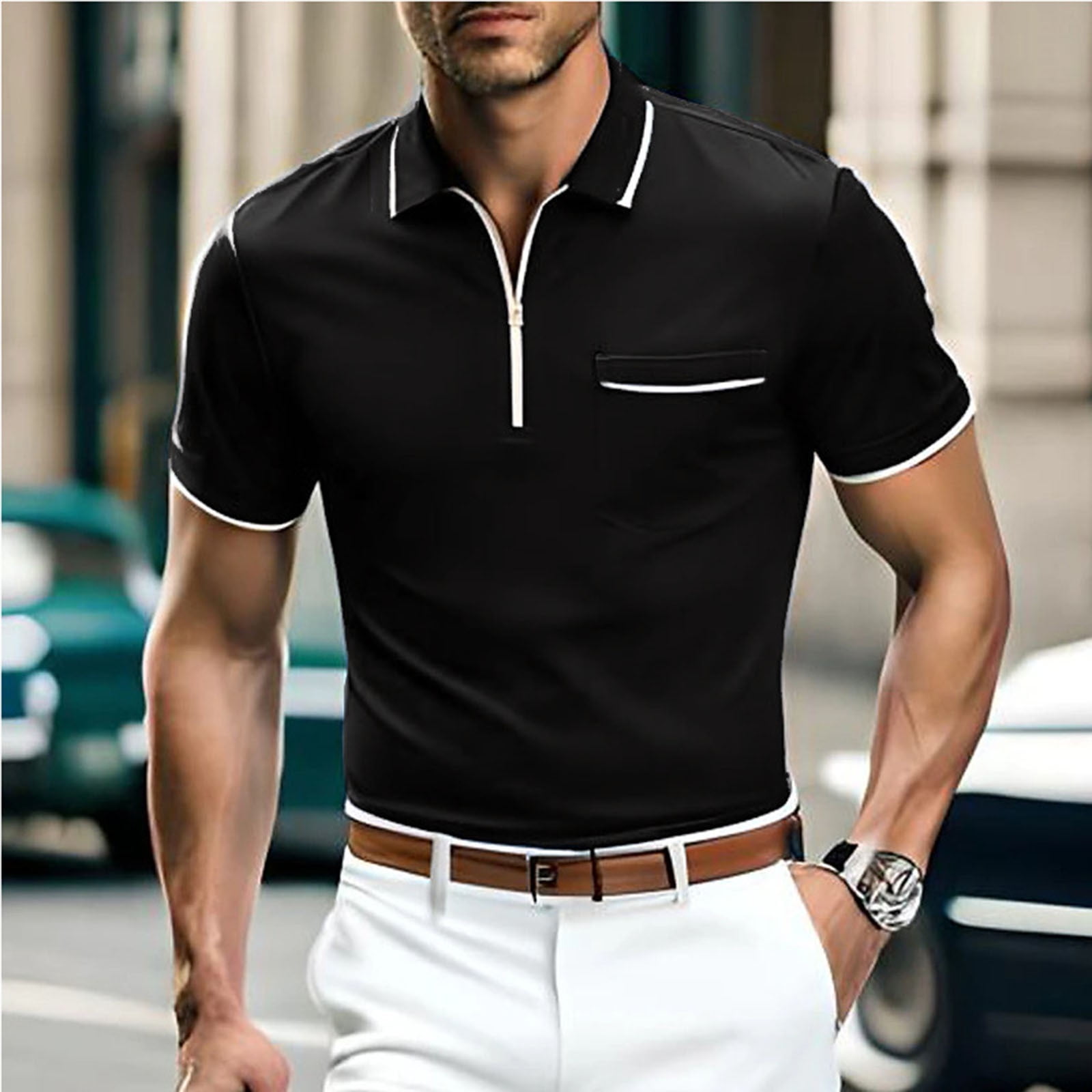 Bzhegqhd Man Streak Lapel Short Sleeve Pol Shirt Fallow Color Contrast ...