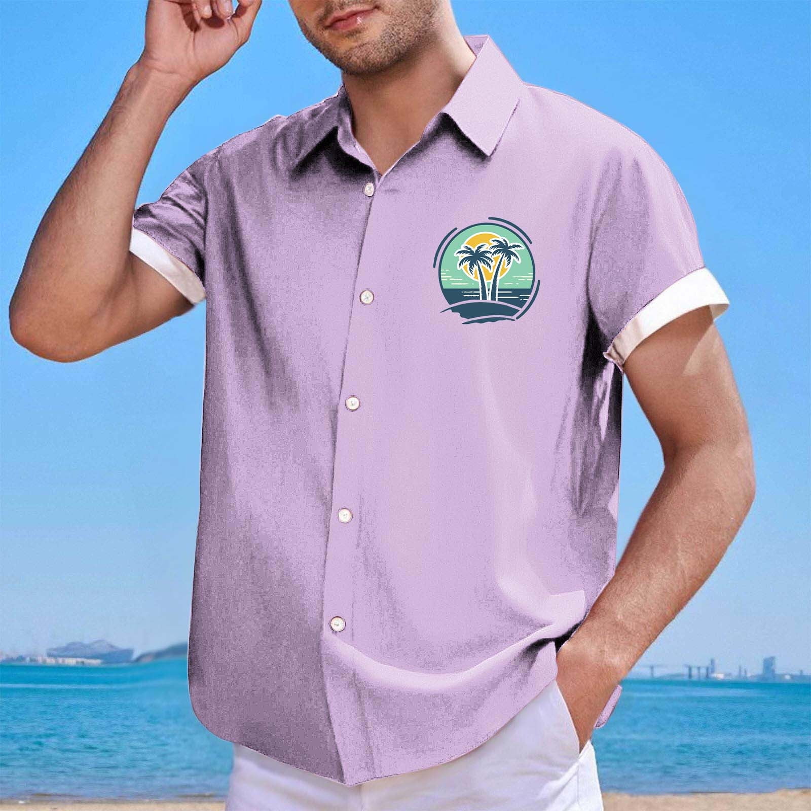 Bzhegqhd Men Casual Loose Printed Button Cardigan Short Sleeve Turn ...