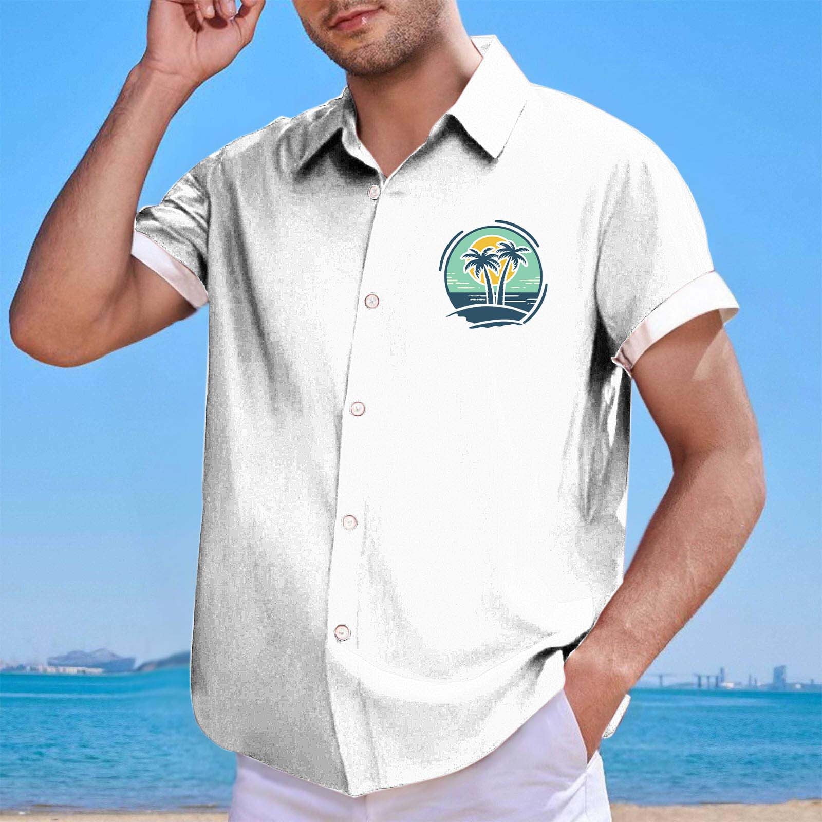 Bzhegqhd Men Casual Loose Printed Button Cardigan Short Sleeve Turn ...