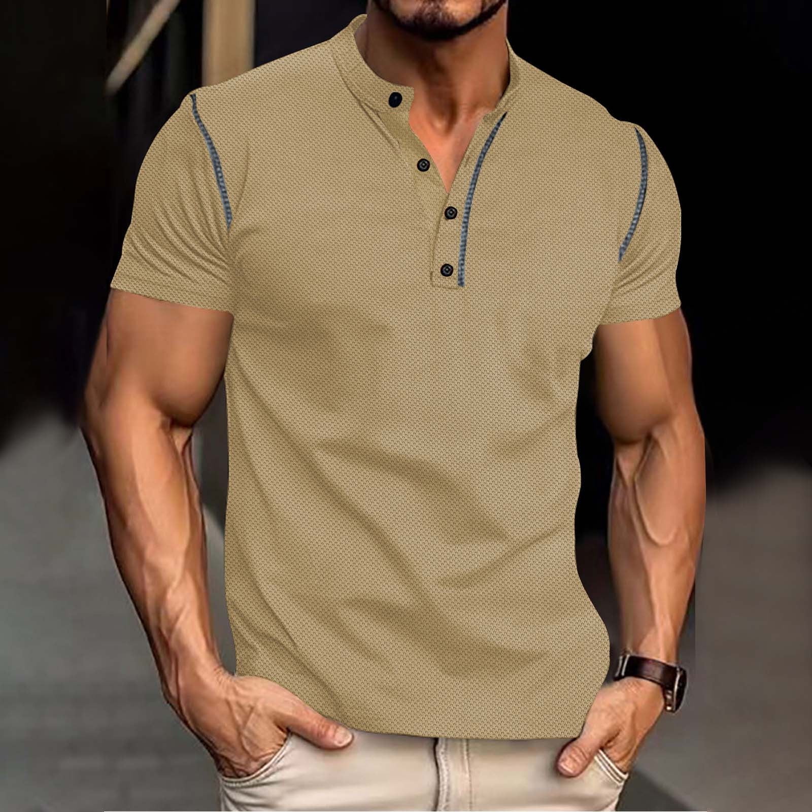 Bzhegqhd Men Retro Color Block Leisure Button Merbau T-shirt Stand-up ...