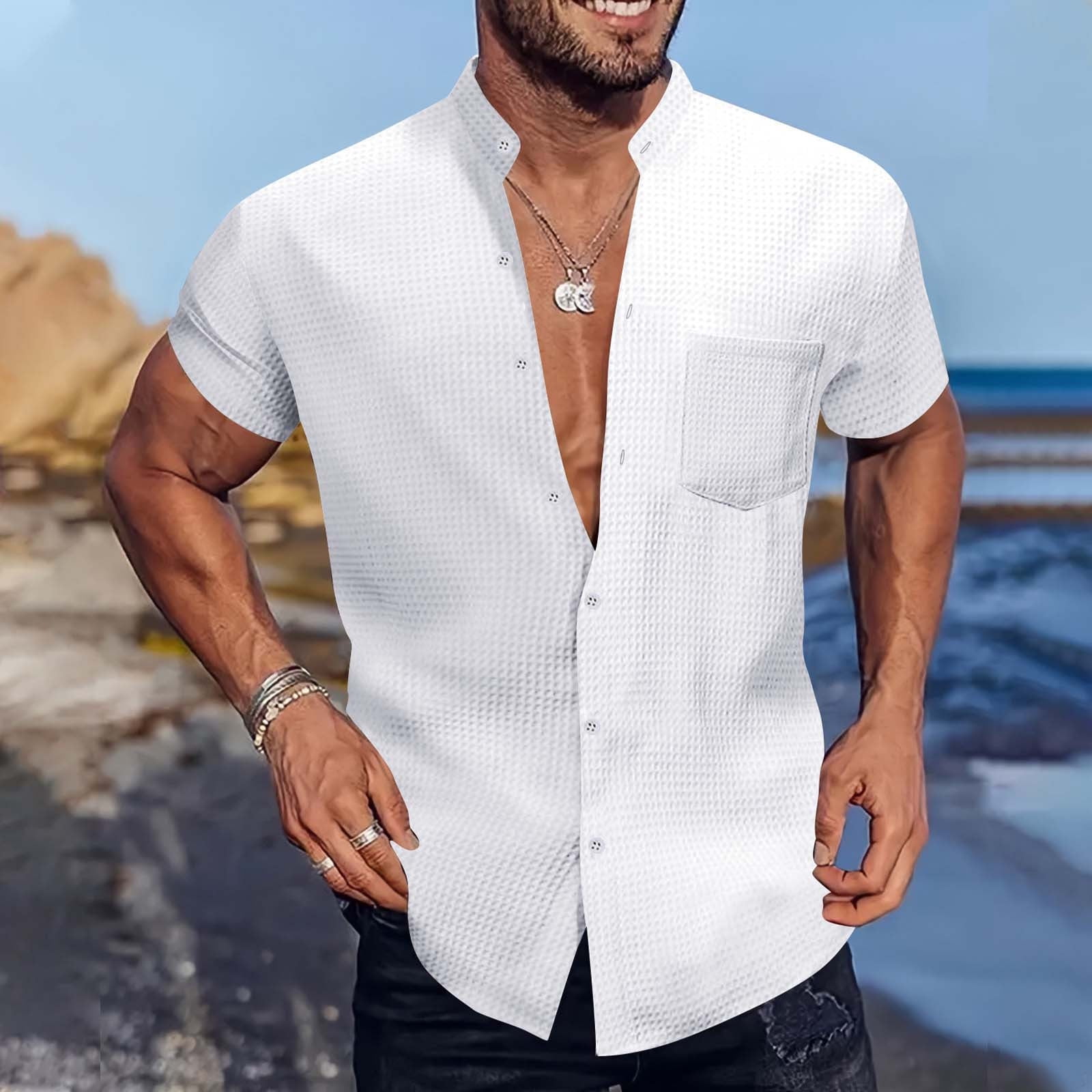 Bzhegqhd Men Solid Color Versatile Pocket Button Short Sleeve Stand-up ...