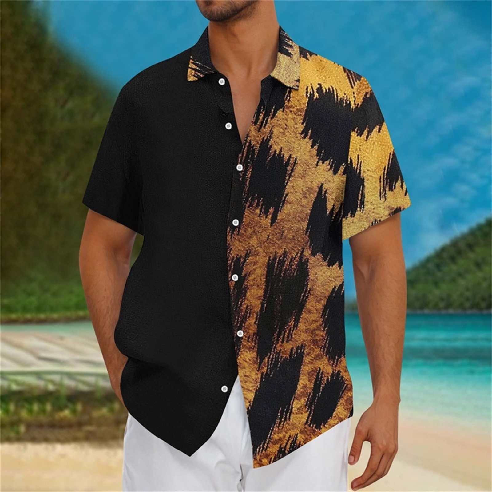 Bzhegqhd Men's Casual Shirt Short Sleeve Vintage Bowling Shirt Cuba Beach Summer Shirts Button ...