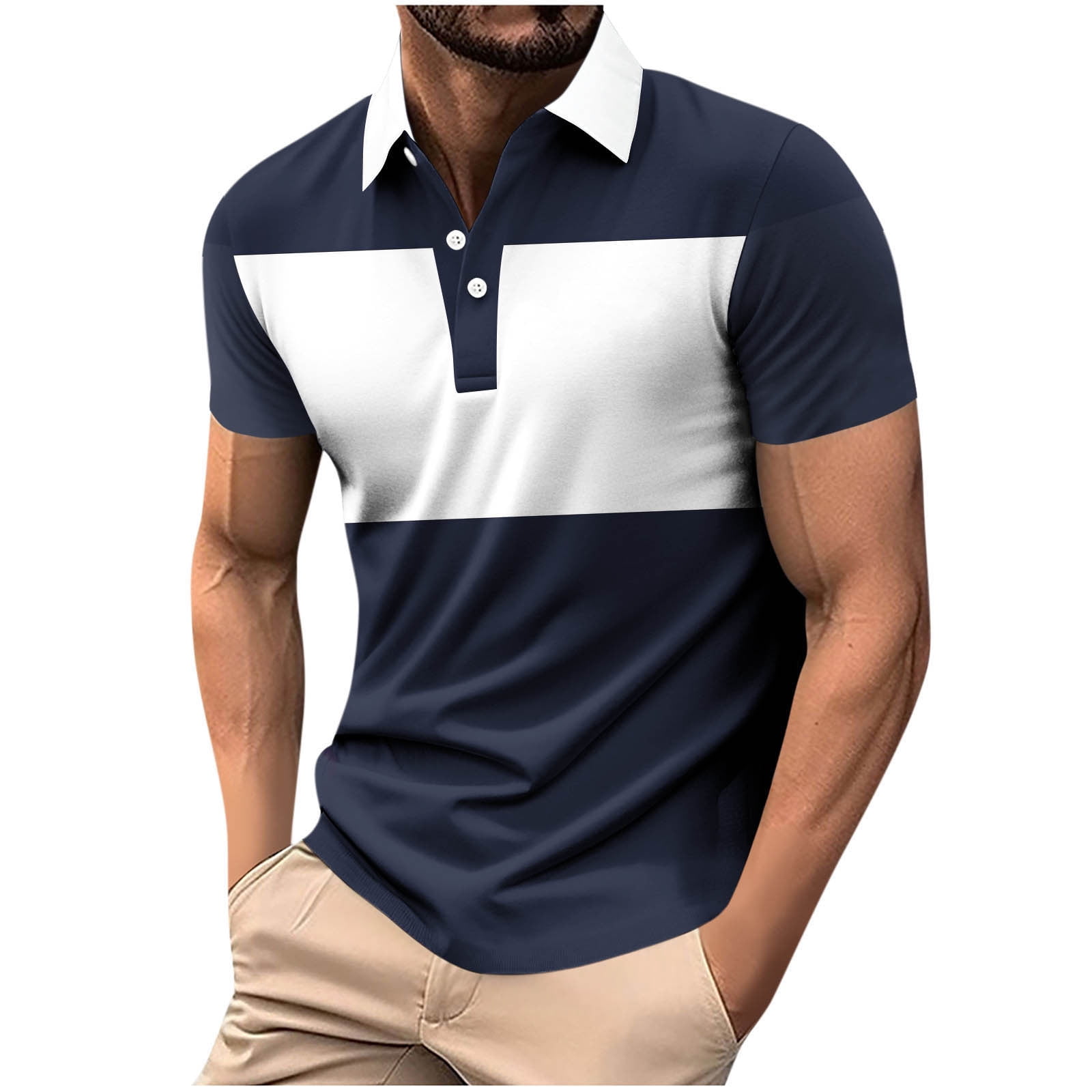 Bzhegqhd Men's Color Blocked Turndown Collar Button Sport Short Sleeved ...