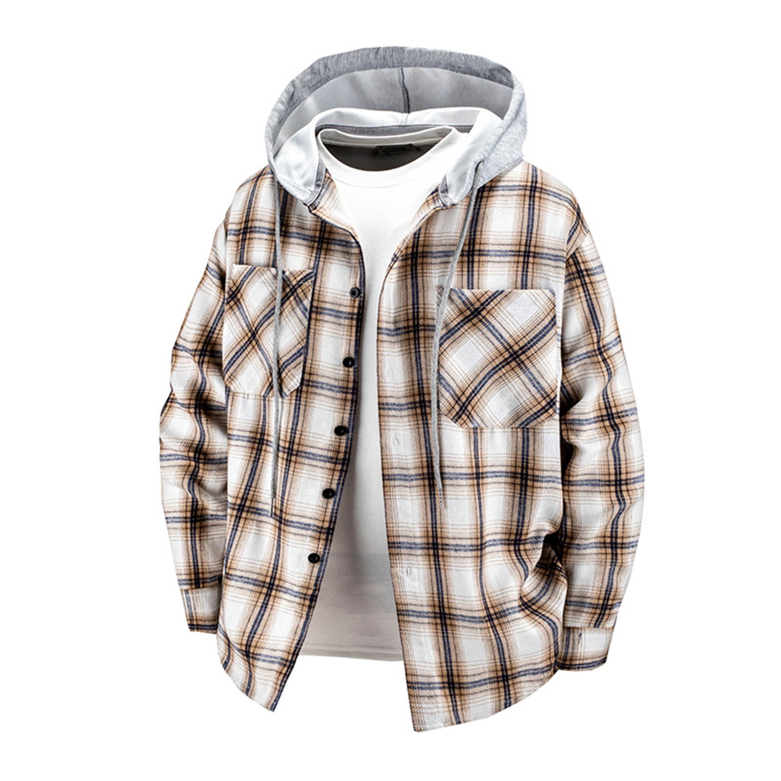 Bzhegqhd Men's Jacket Plaid Flannel Shirt Long Sleeve Hooded Button ...