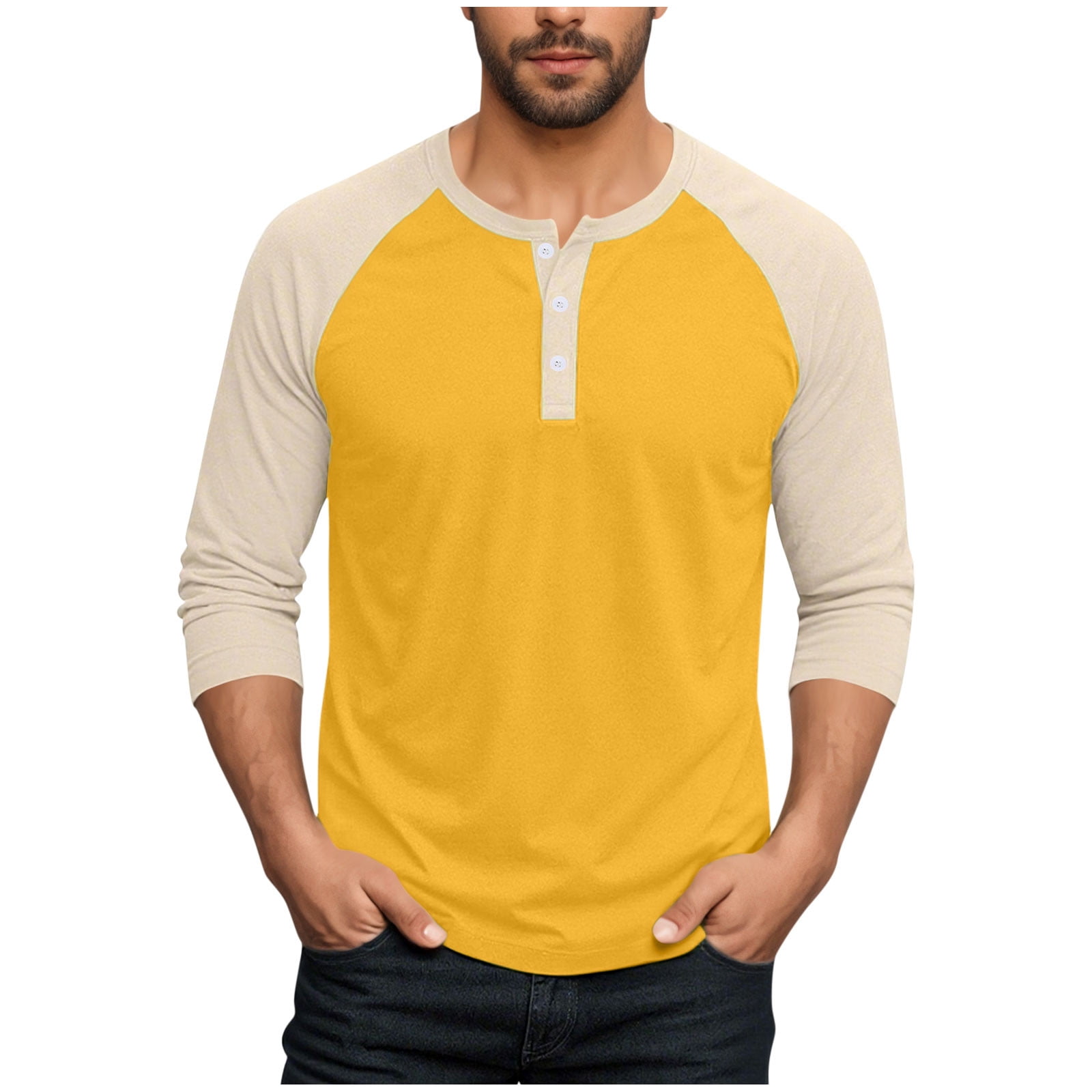 Bzhegqhd Men's ShirtsColor Blocked Long Sleeve Henley Quarter Button ...