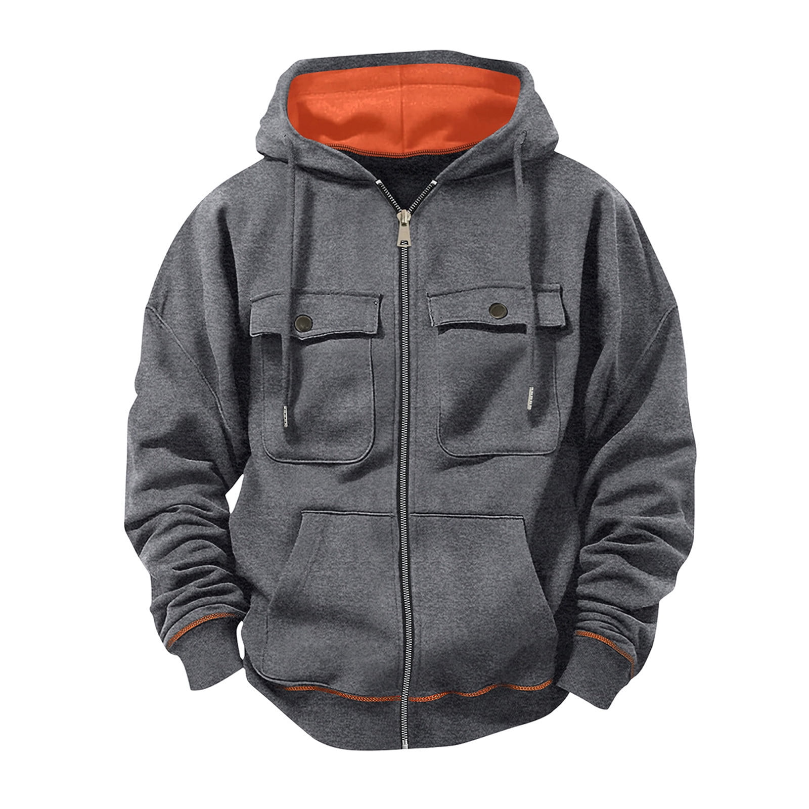 Bzhegqhd Men's Utility Zip Up Hoodies Multi Pocket Cargo Jacket Long ...