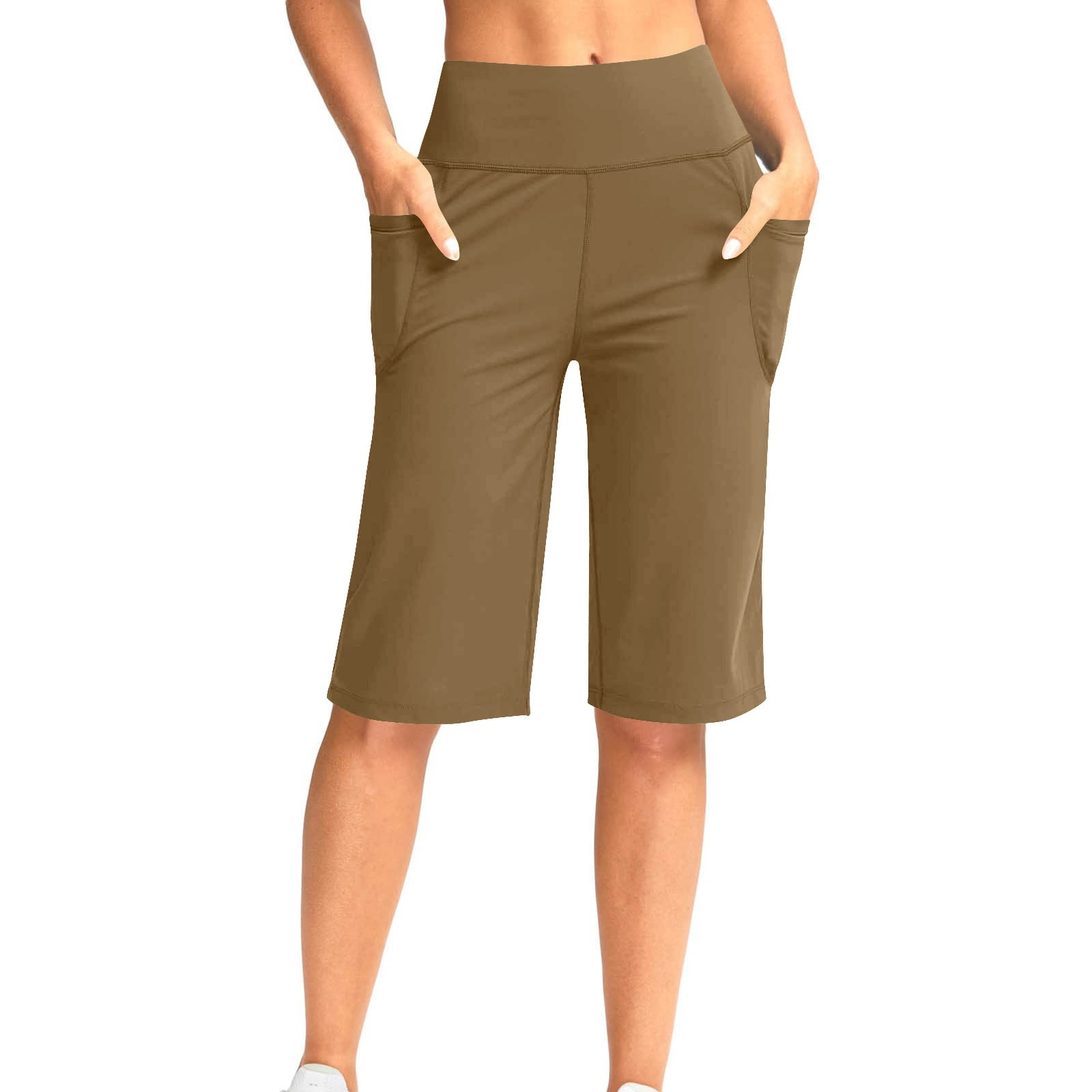 Bzhegqhd Solid Elastic Waist Pocket Half Shorts Pants Casual Stretchy ...