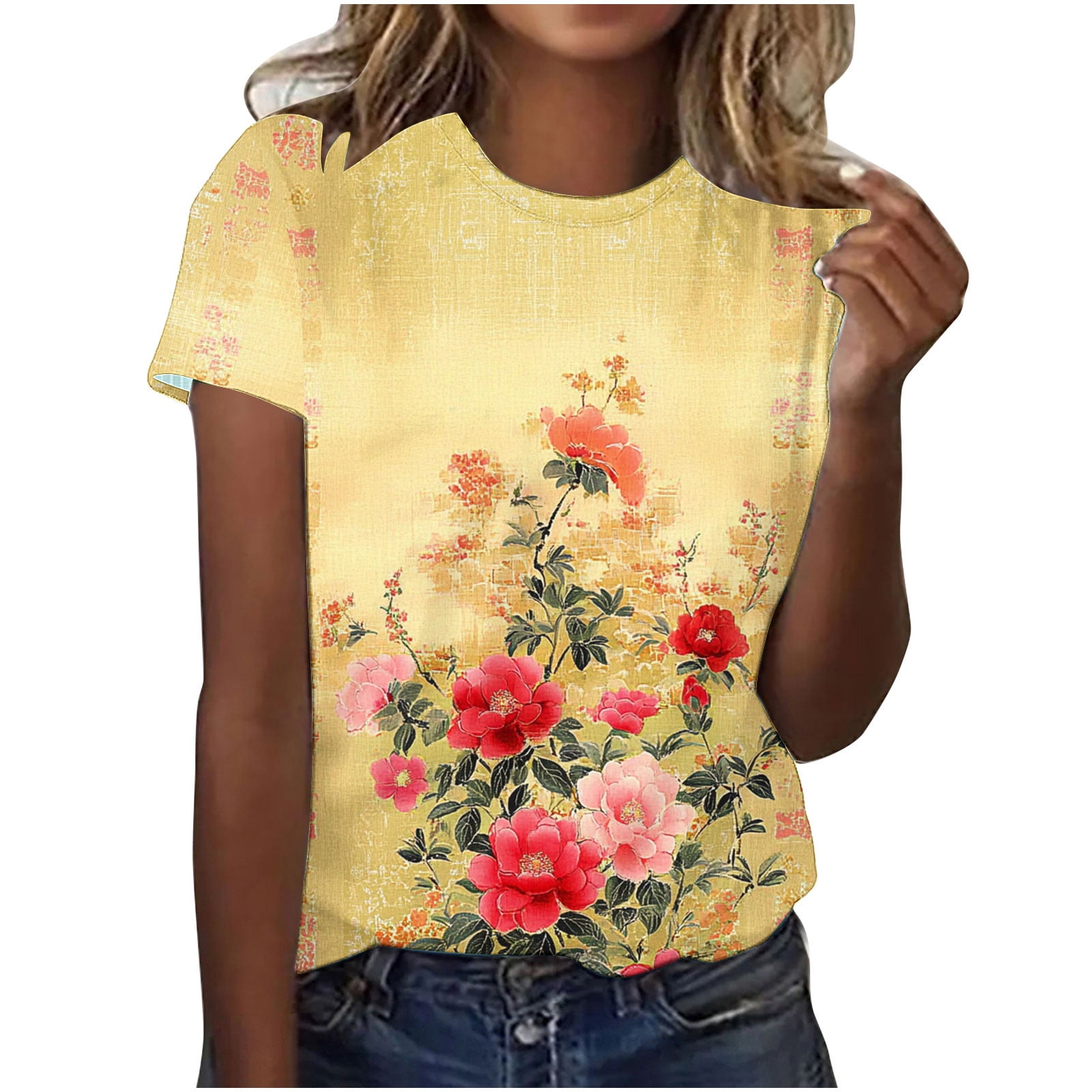 Bzhegqhd Women's Casual Pullover Retro Printed Round Neck Short Sleeved ...