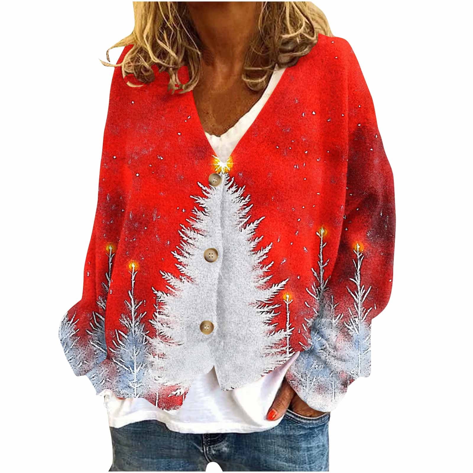 Bzhegqhd Women's Christmas Print Tops Cardigan Long Sleeve Button Down ...