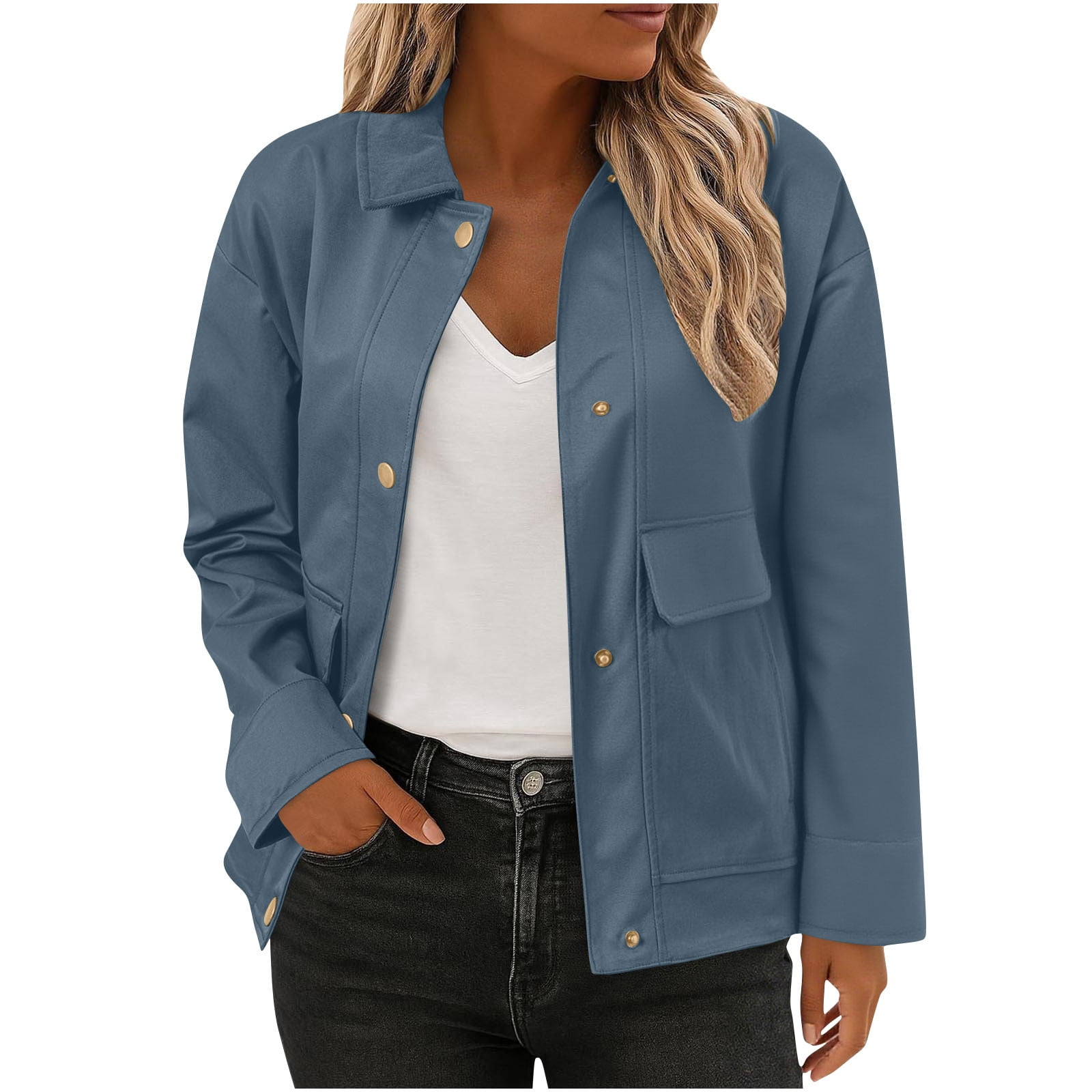 Bzhegqhd Women's Cropped Shacket Jacket Long Sleeve Lapel Collar Button ...