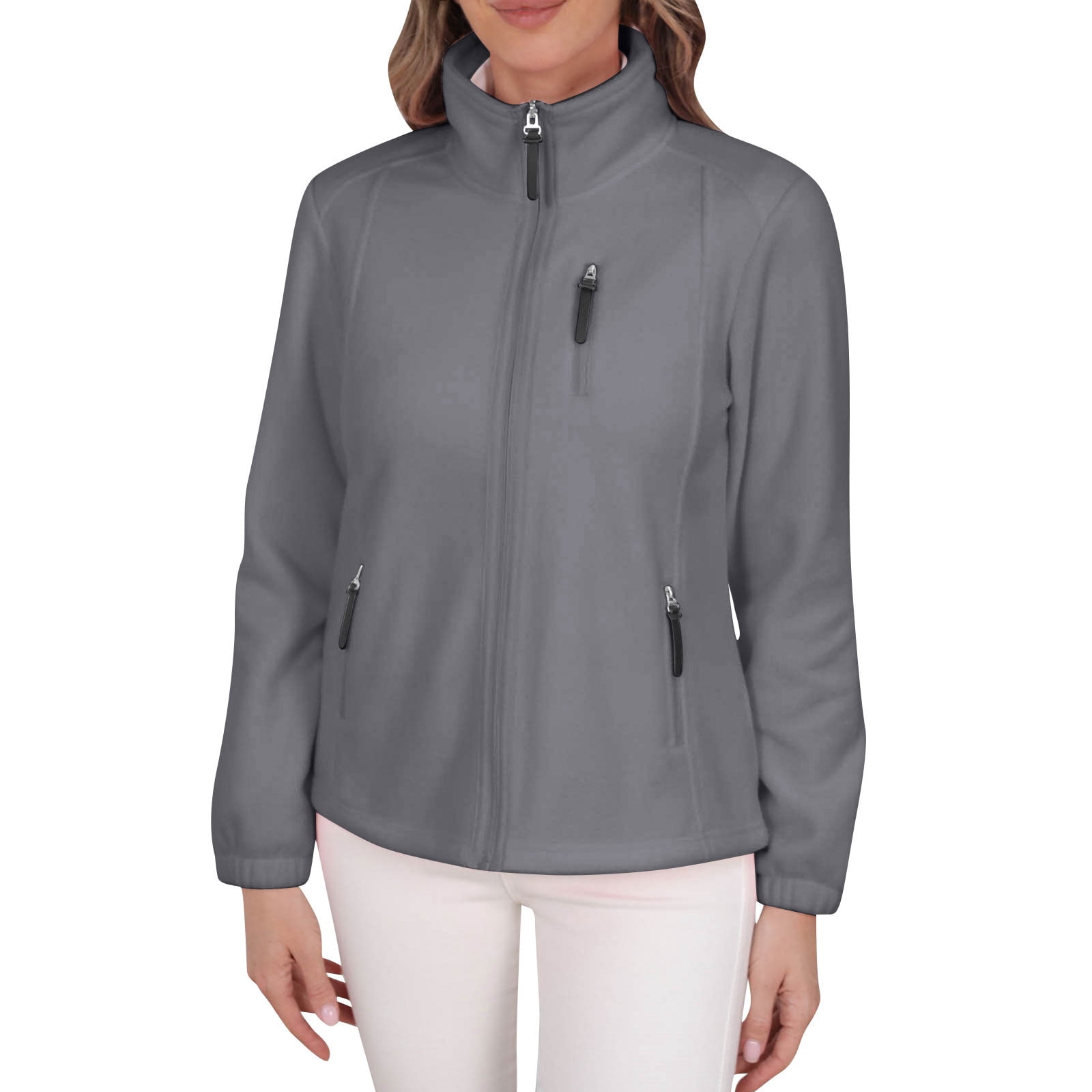 Bzhegqhd Women's Jacket Multi Pocket Full Zip Fleece Casual Solid Color ...