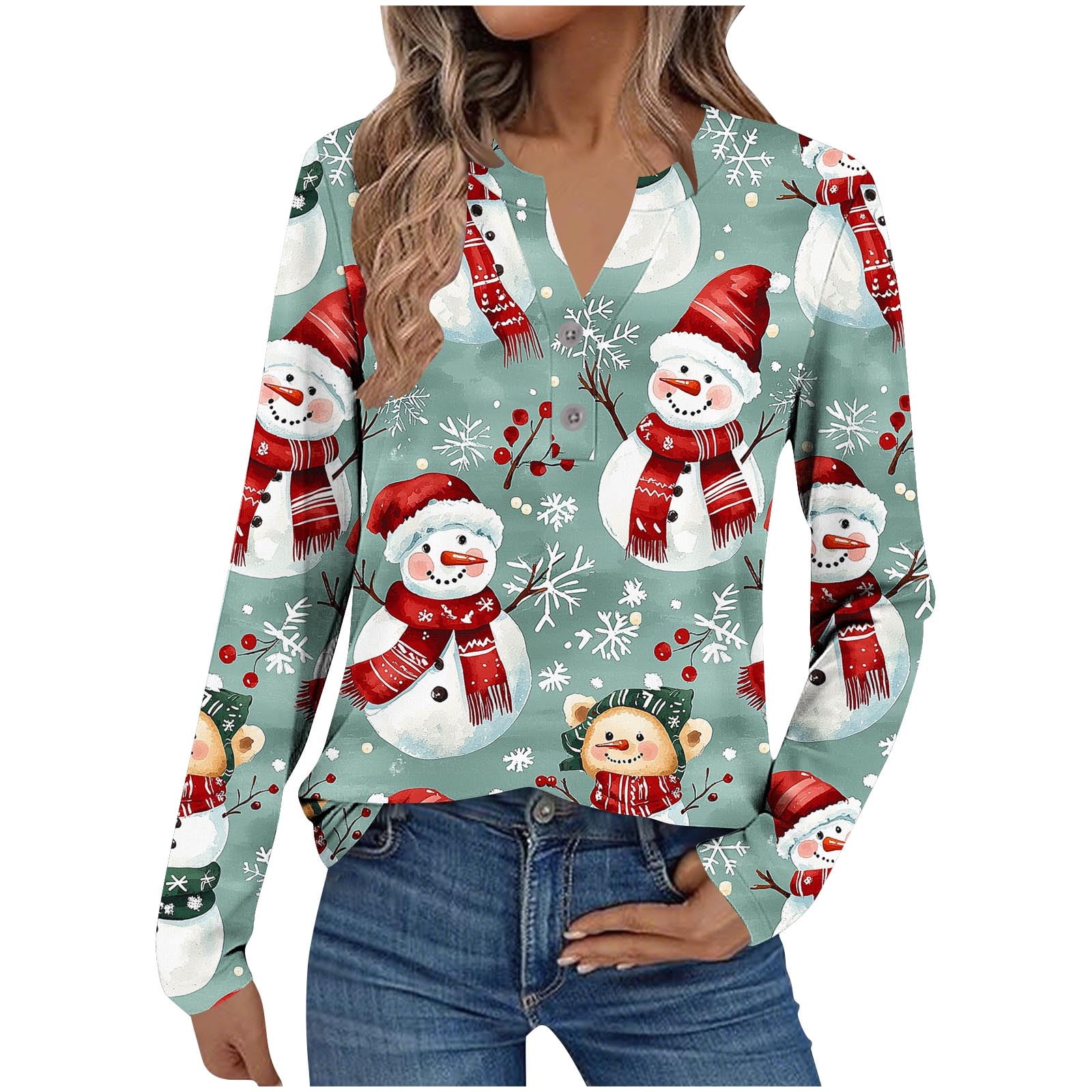 Bzhegqhd Women's Long Sleeve T-Shirts Christmas Printed V Neck Casual ...