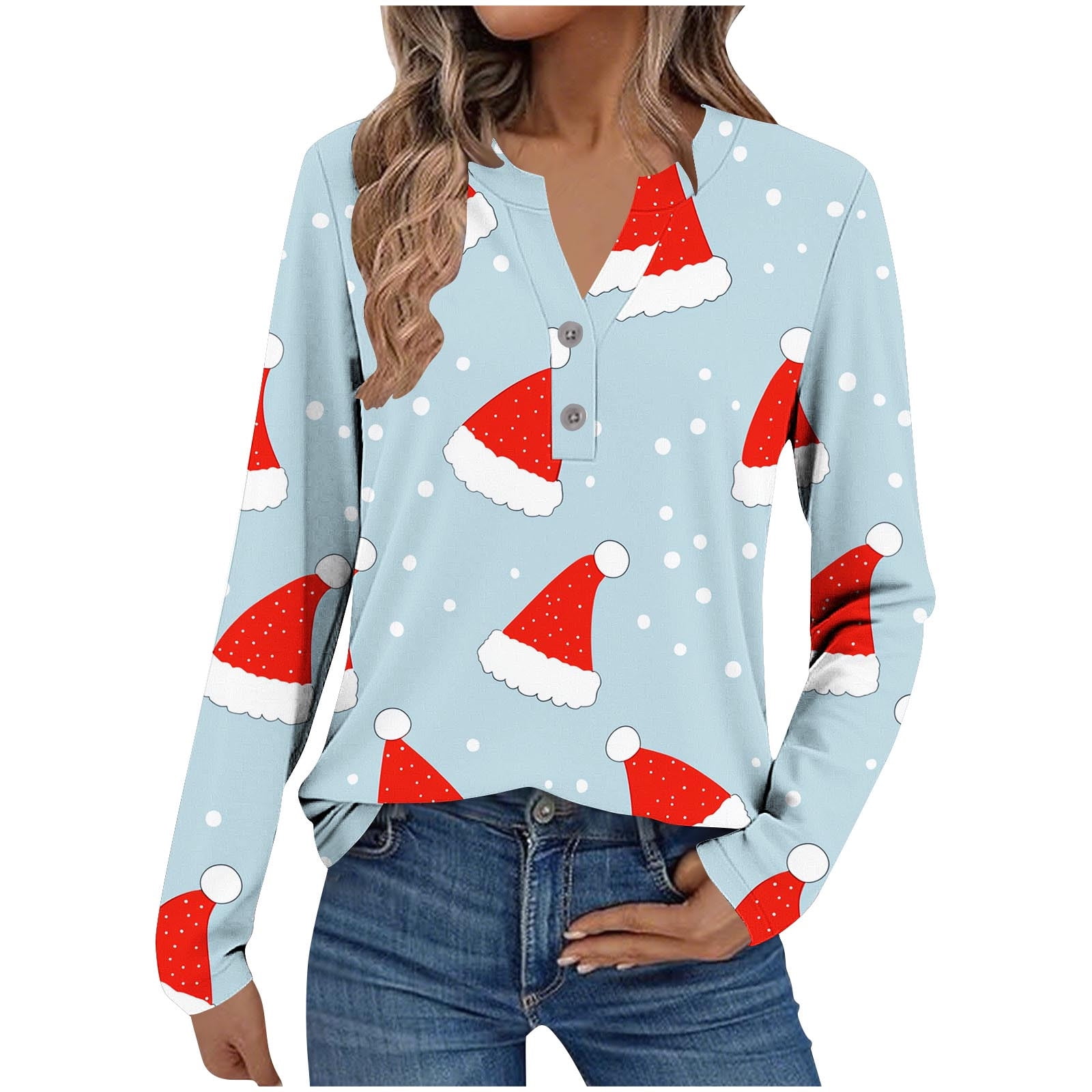 Bzhegqhd Women's Long Sleeve T-Shirts Christmas Printed V Neck Casual ...