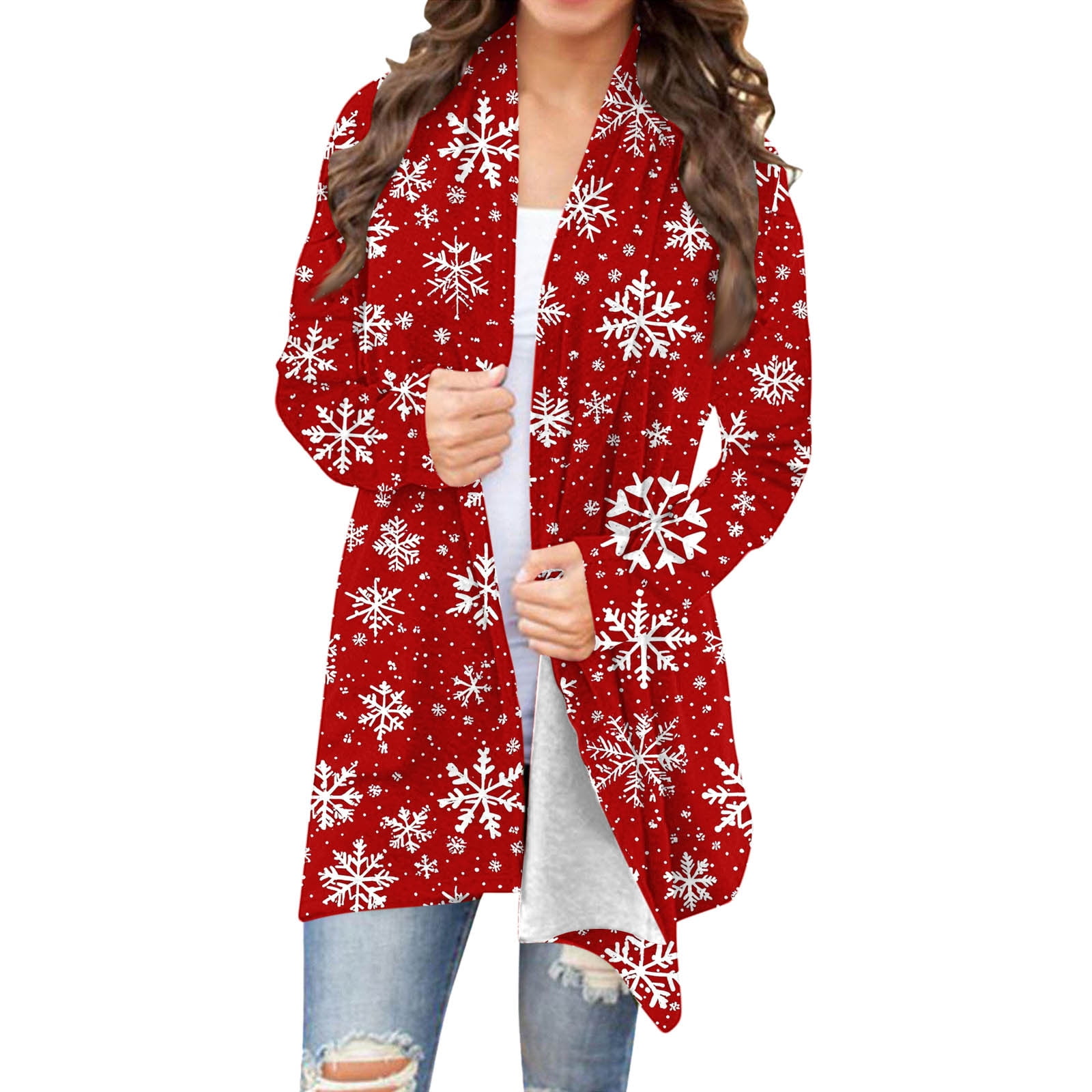 Bzhegqhd Women's Open Front Knit Sweater Christmas Printed Cardigan ...