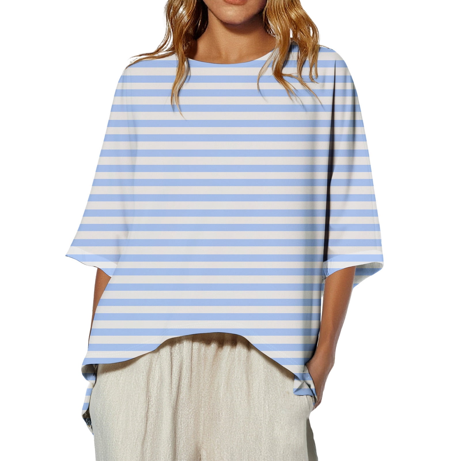 Bzhegqhd Women's Striped Batwing Sleeve Tops Round Neck Loose Fit ...