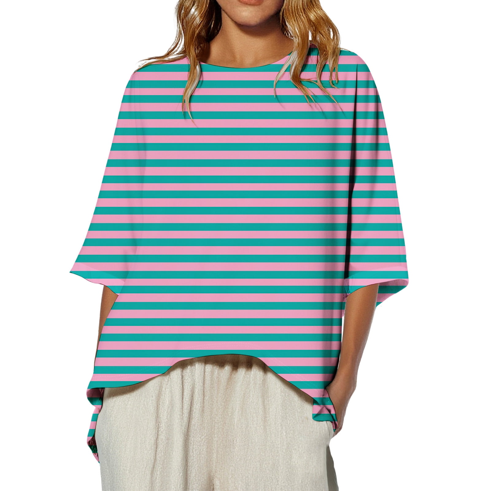 Bzhegqhd Women's Striped Batwing Sleeve Tops Round Neck Loose Fit ...