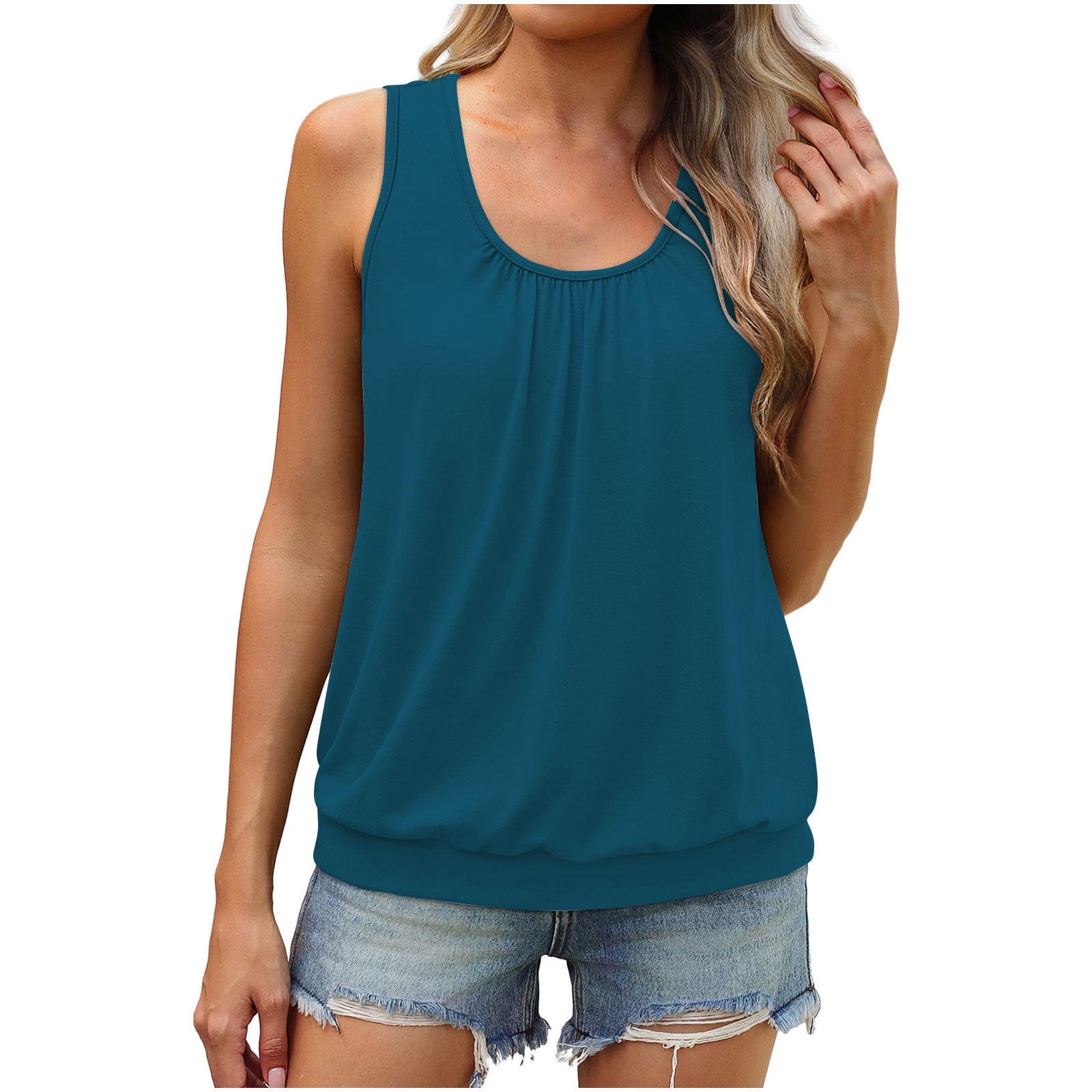 Bzhegqhd Women's Summer Tank Loose Pleated Neck Shirts Casual ...