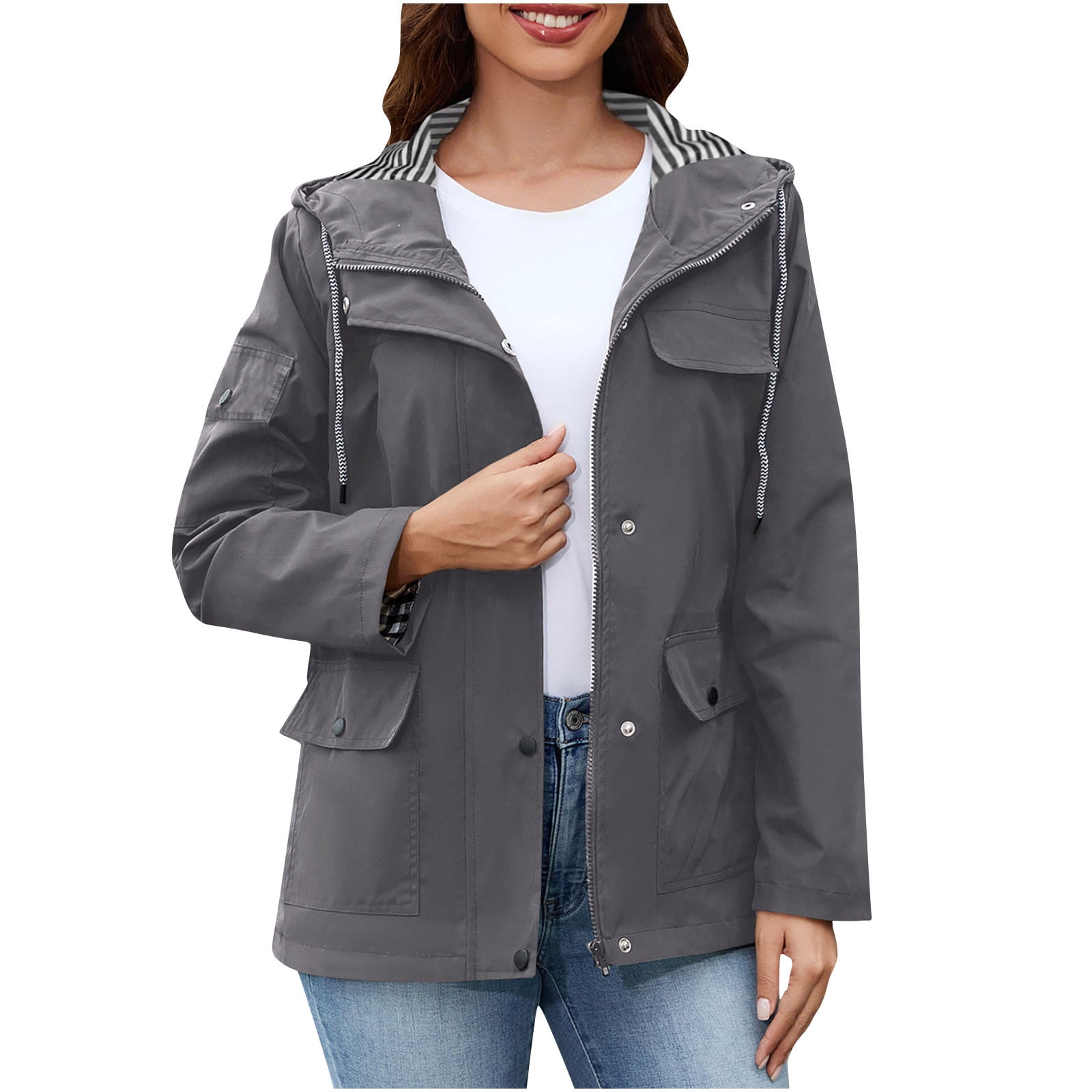 Bzhegqhd Women's Trench Coat with Hood Long Sleeve Multiple Pockets ...